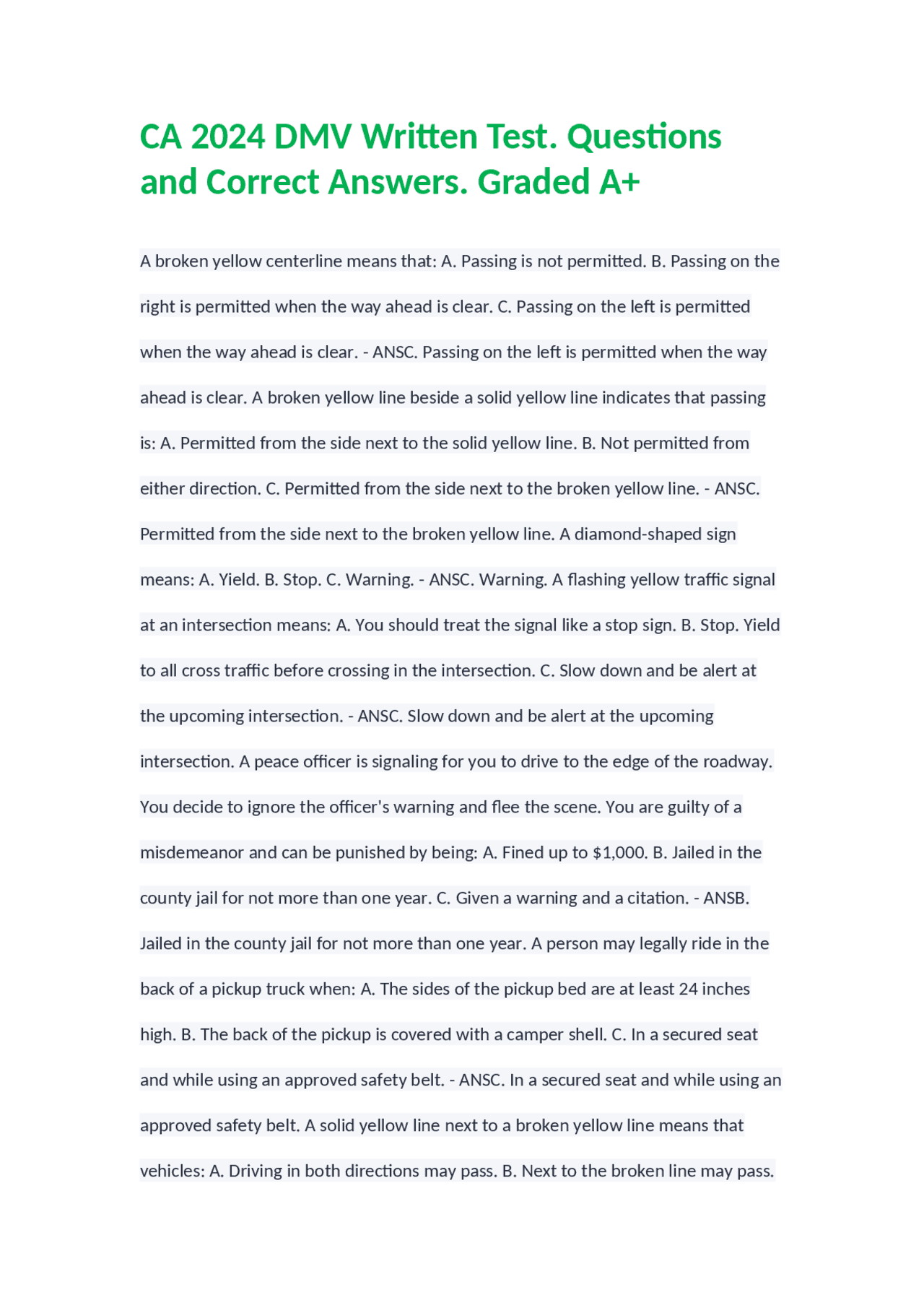 CA 2024 DMV Written Test. Questions and Correct Answers. Graded A+ ...