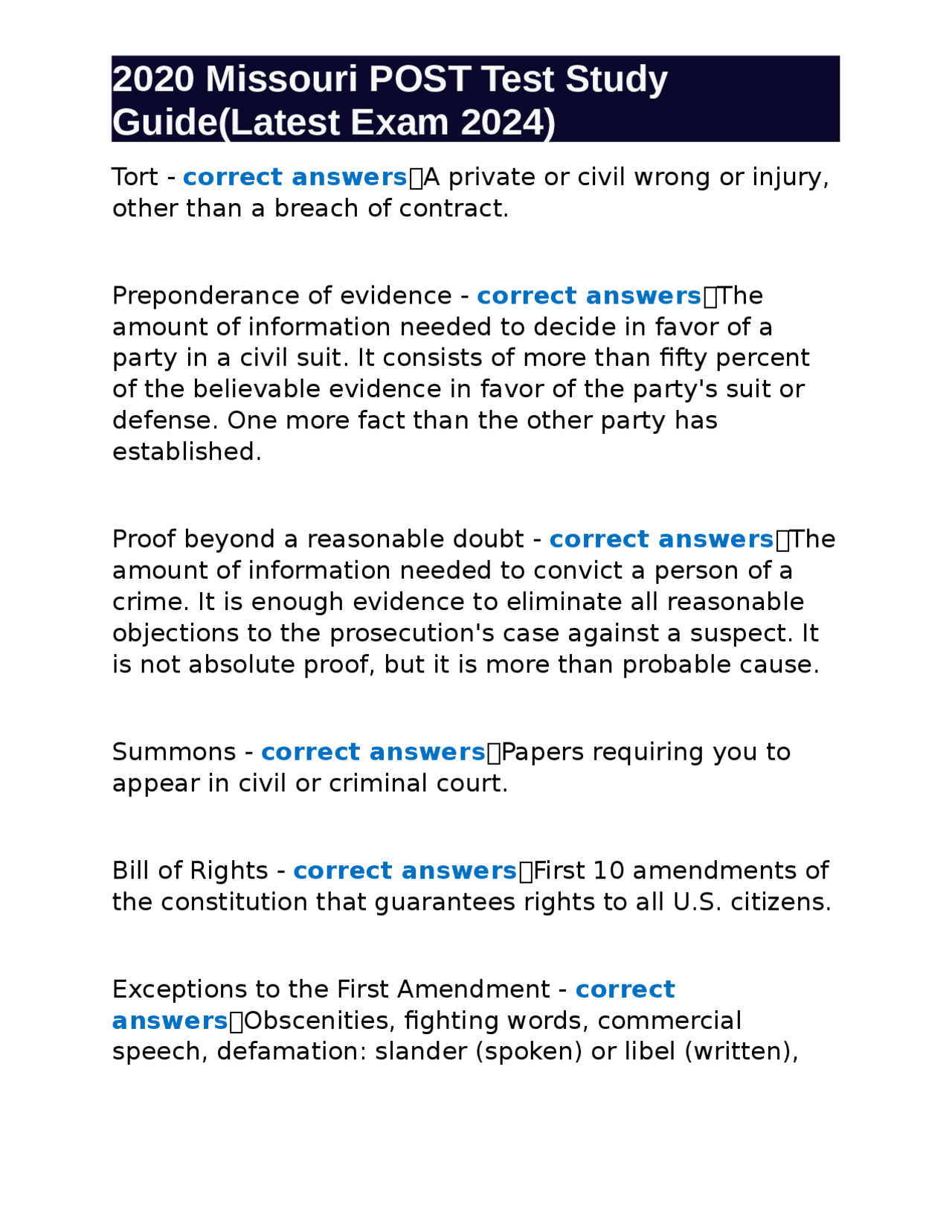 Missouri POST Test Study Guide (Latest Exam 2024) | Exams Nursing | Docsity