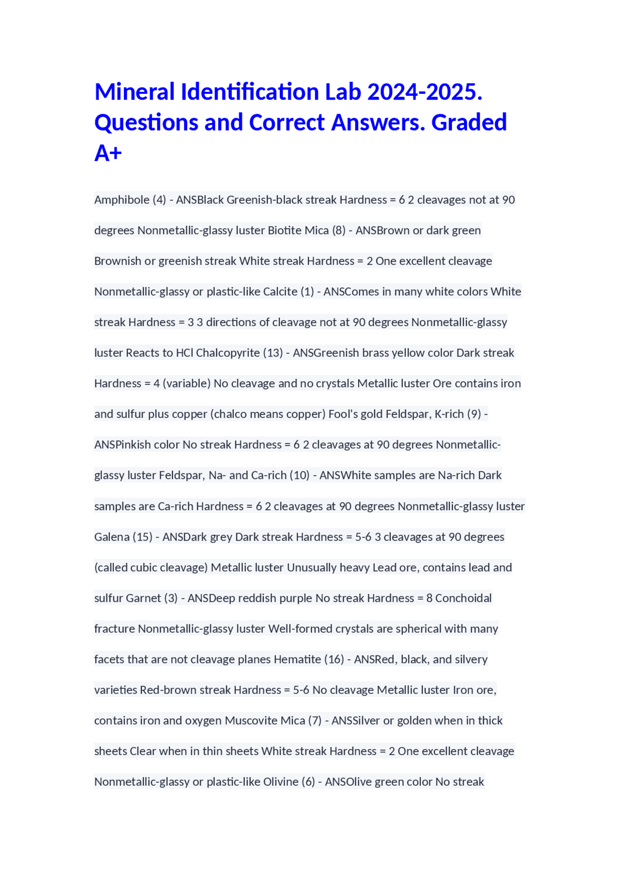 Mineral Identification Lab 2024-2025. Questions and Correct Answers ...