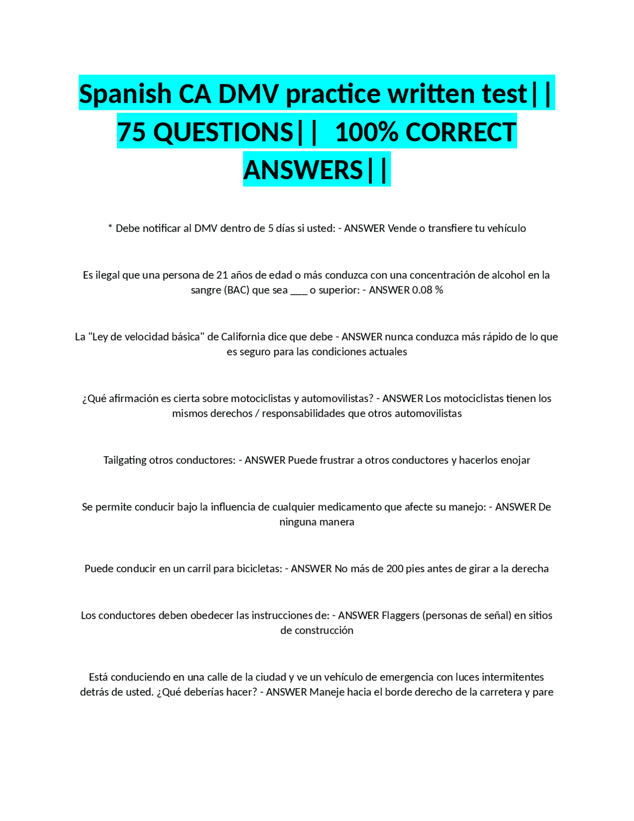 Spanish CA DMV practice written test|| 75 QUESTIONS|| 100% CORRECT ...