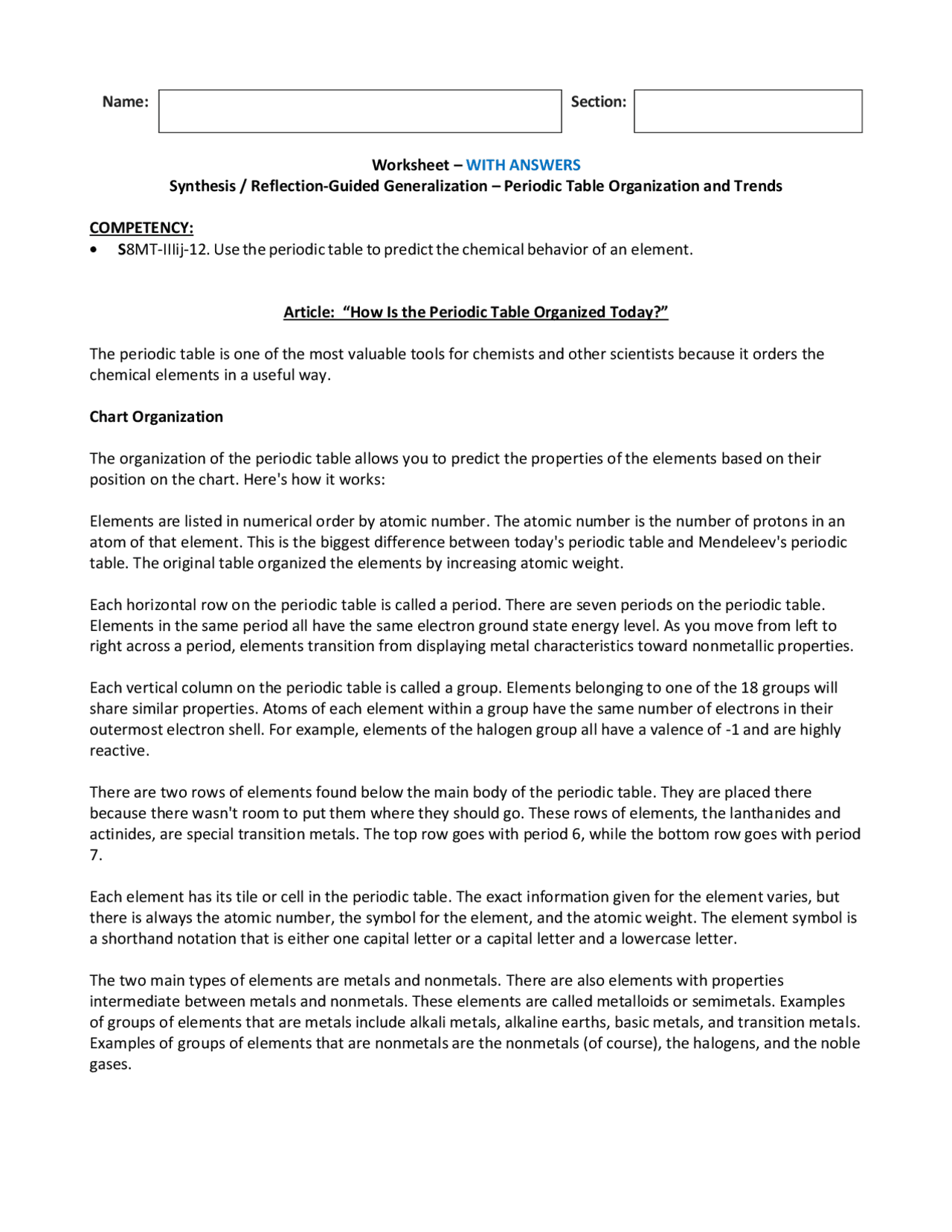 Answer Key Periodic Table.pd | Study Guides, Projects, Research ...