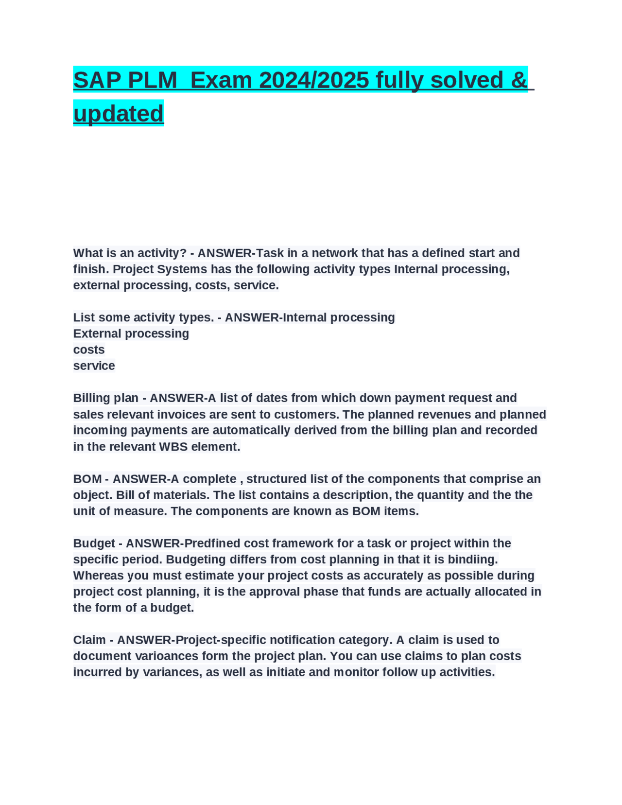 SAP PLM Exam 2024/2025 fully solved & updated | Exams Mathematics | Docsity