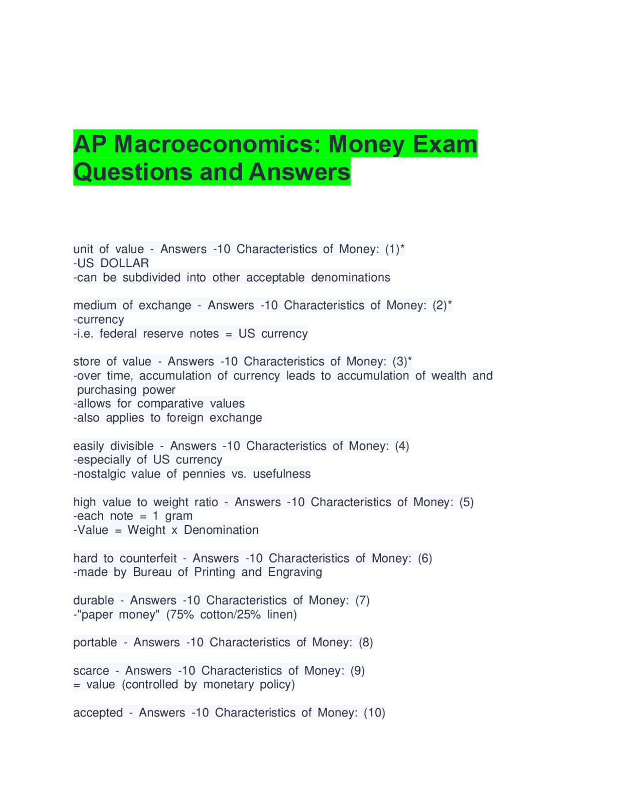AP Macroeconomics: Money Exam Questions and Answers | Exams Nursing ...