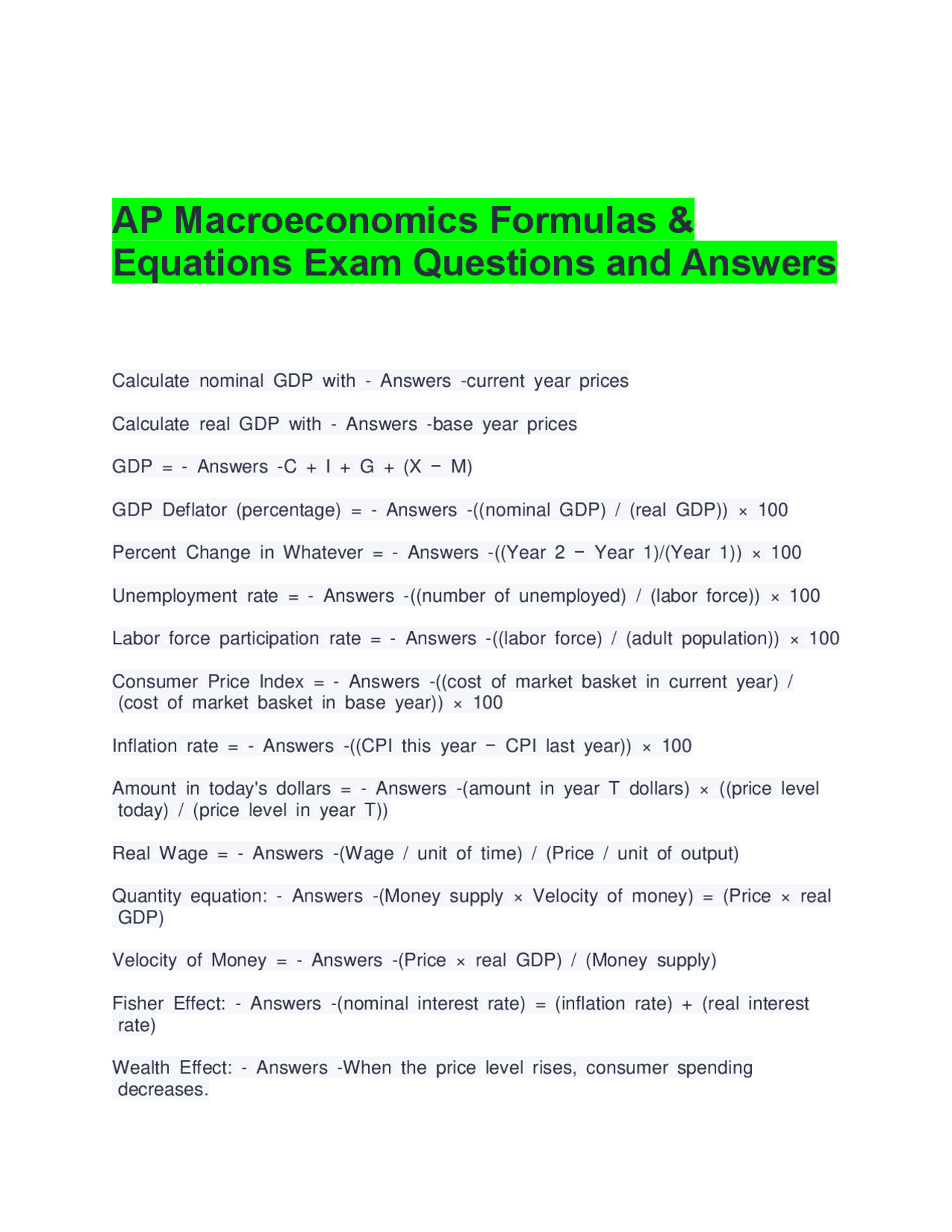 AP Macroeconomics Formulas and Equations | Exams Nursing | Docsity
