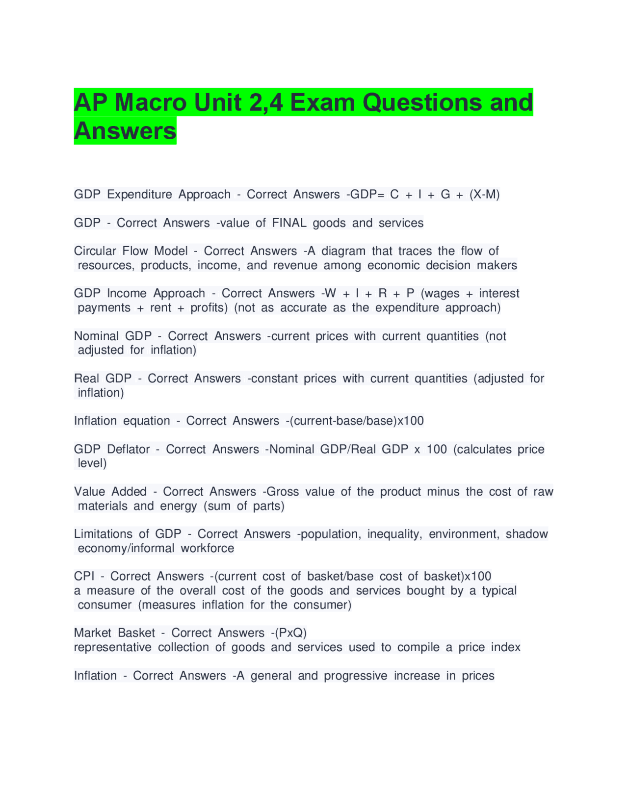 AP Macroeconomics Unit 2 and 4 Exam Questions and Answers | Exams ...
