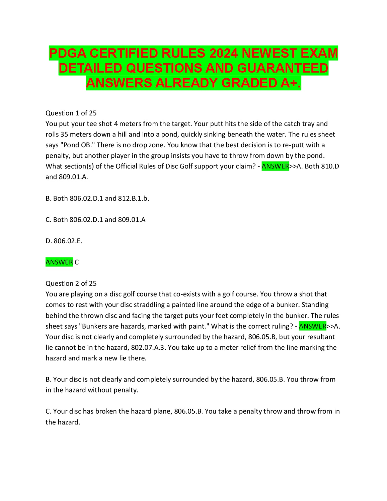 PDGA CERTIFIED RULES 2024 NEWEST EXAM DETAILED QUESTIONS AND GUARANTEED ...