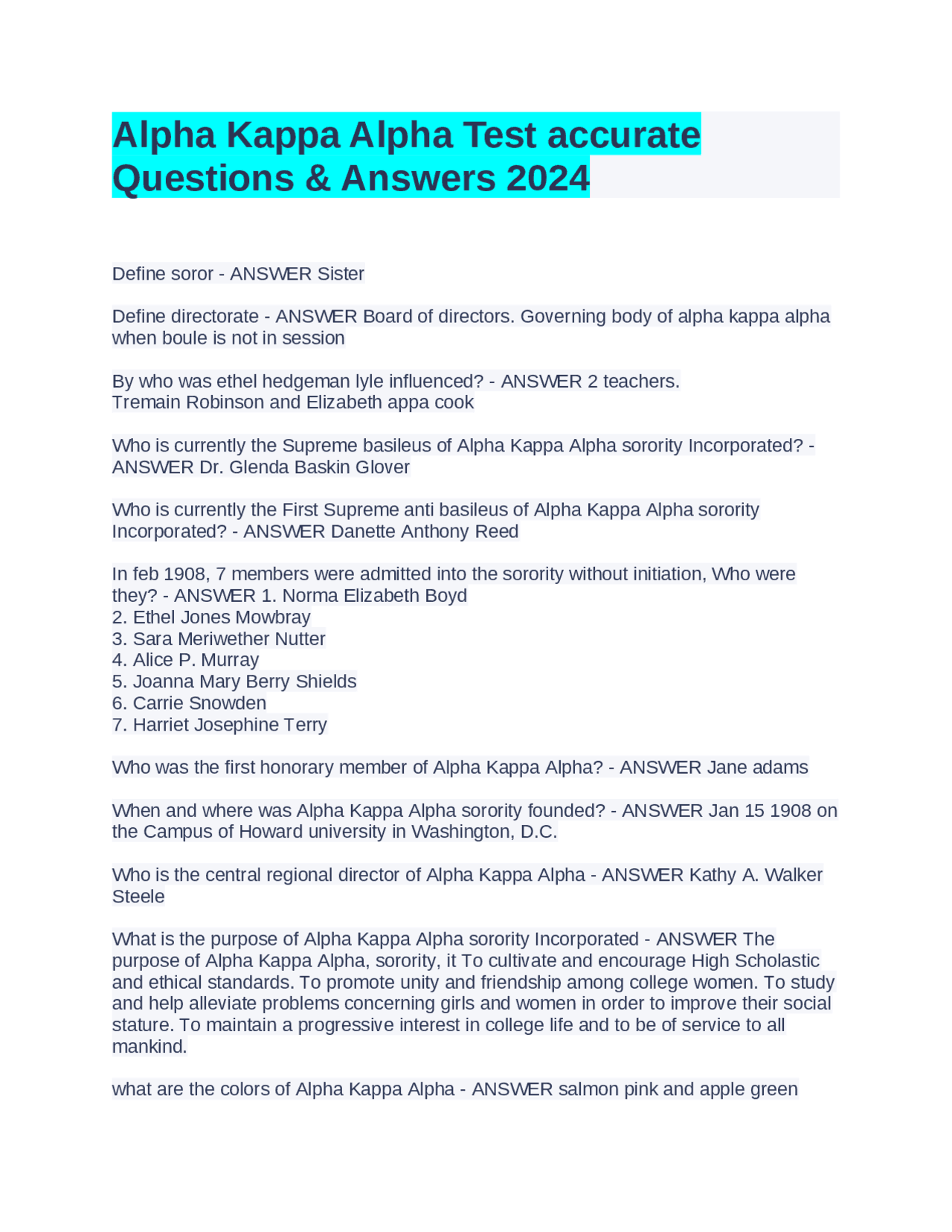 Alpha Kappa Alpha Test accurate Questions & Answers 2024 | Exams ...