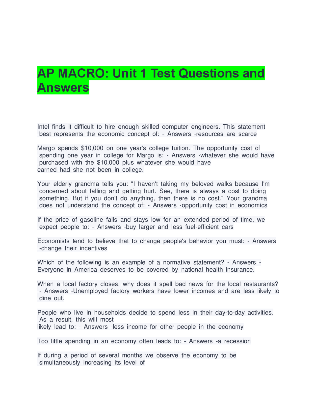 AP Macro: Unit 1 Test Questions and Answers | Exams Nursing | Docsity