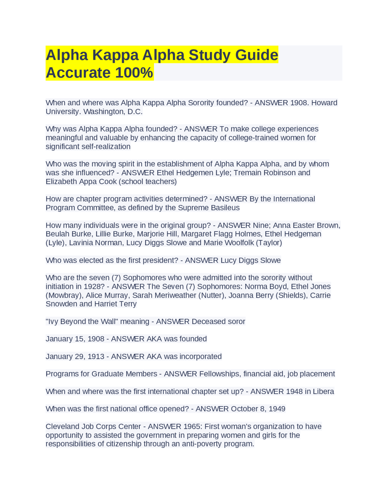 Alpha Kappa Alpha Study Guide Accurate 100% | Exams Sociology | Docsity