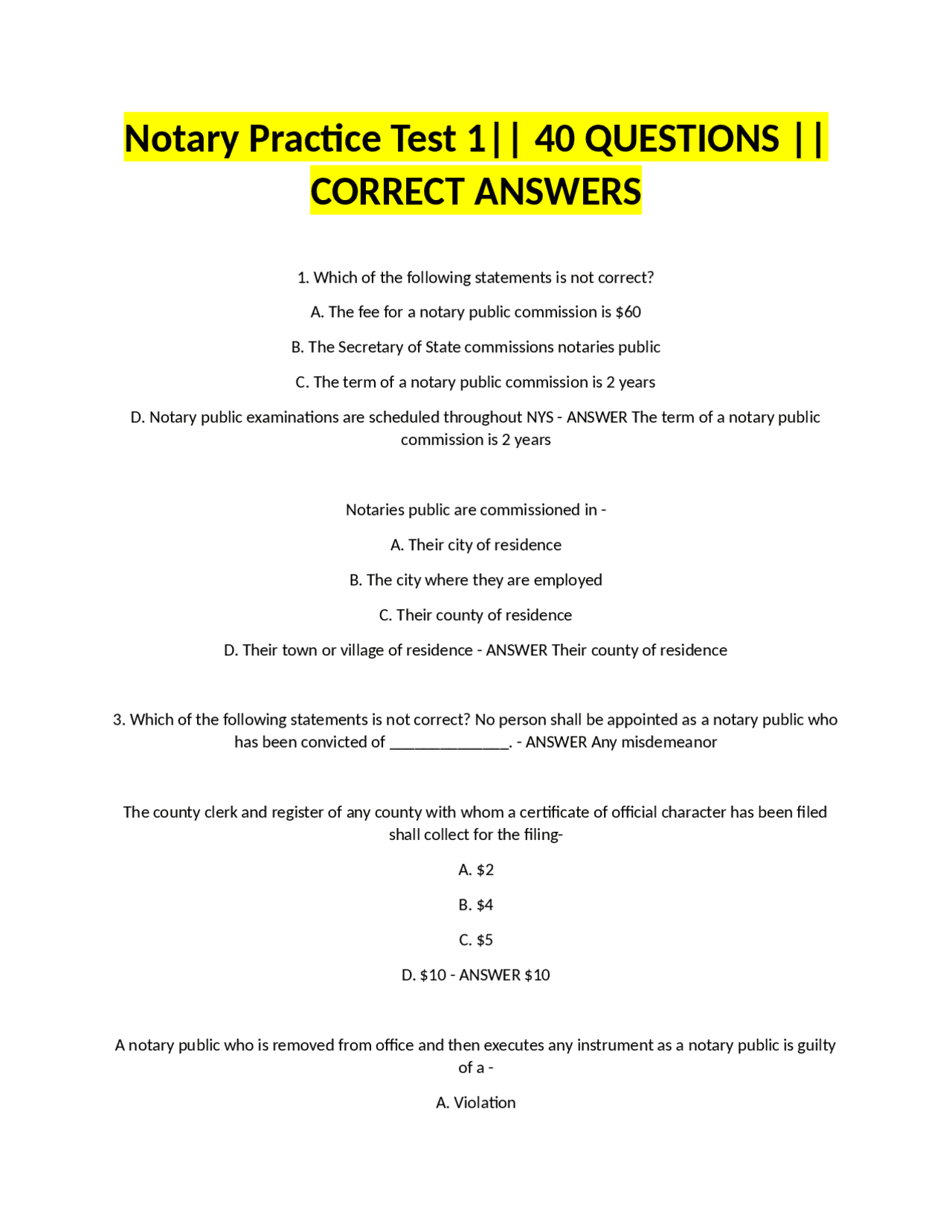 Notary Practice Test 1|| 40 QUESTIONS || CORRECT ANSWERS | Exams ...