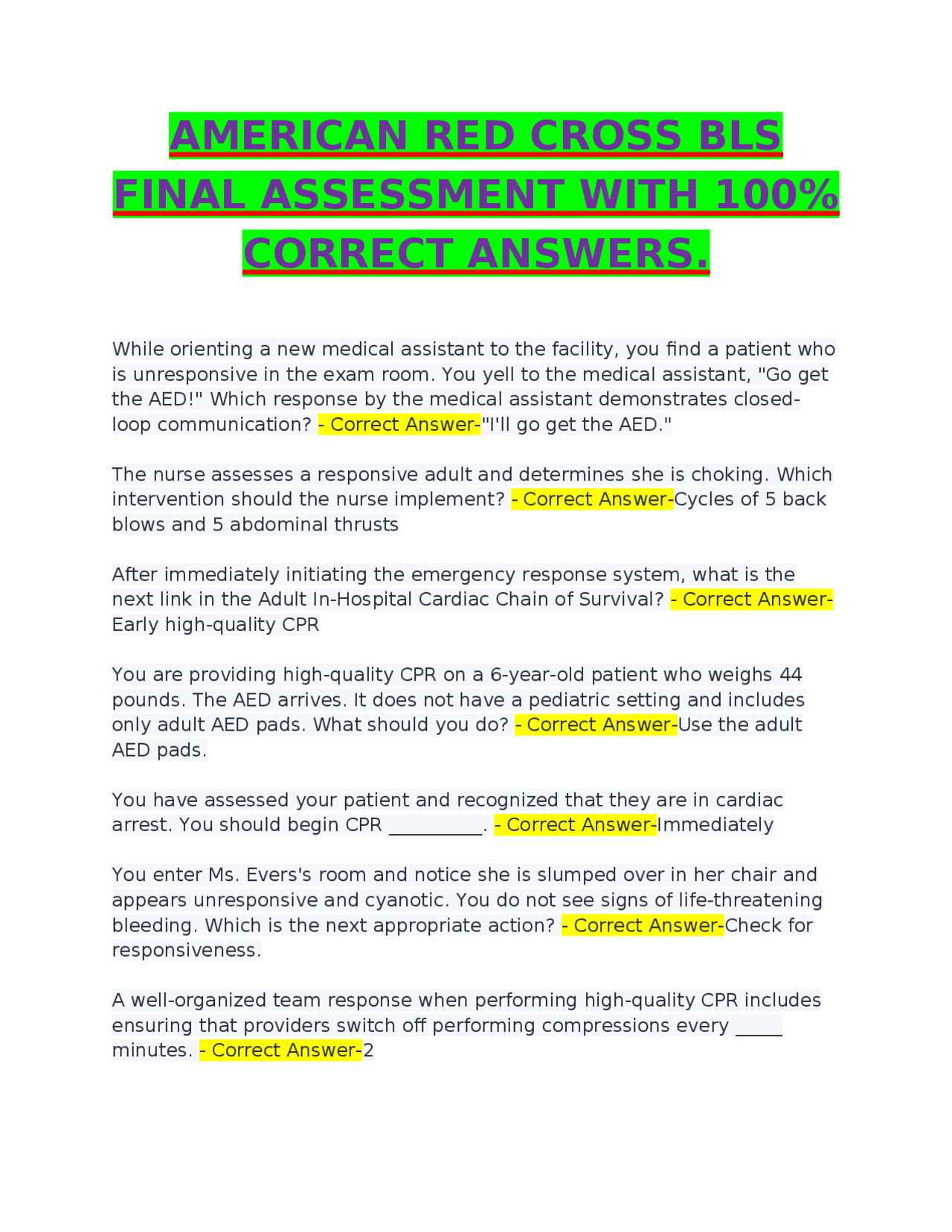 American Red Cross BLS Final Assessment | Exams Pediatrics | Docsity