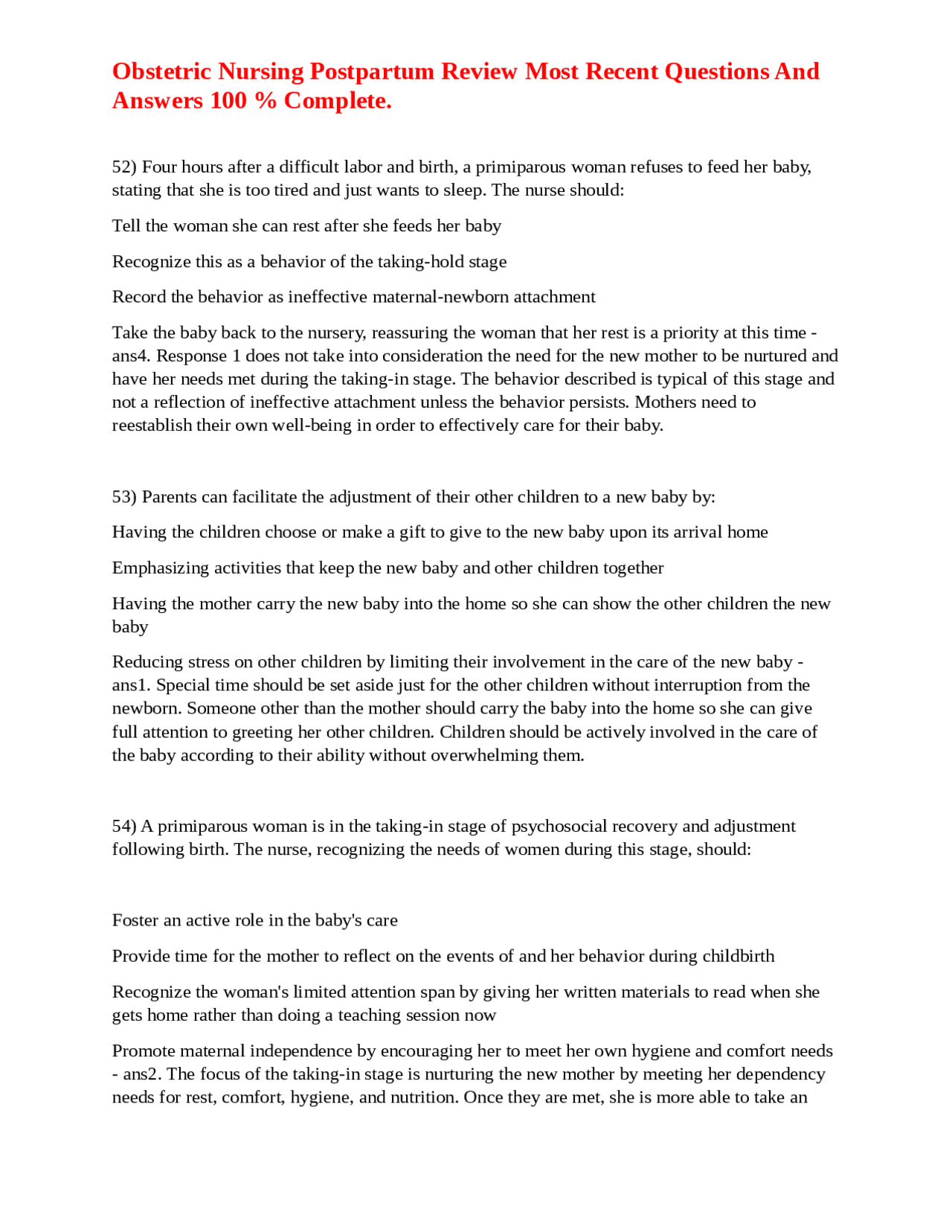 Obstetric Nursing Postpartum Review Most Recent Questions And Answers ...