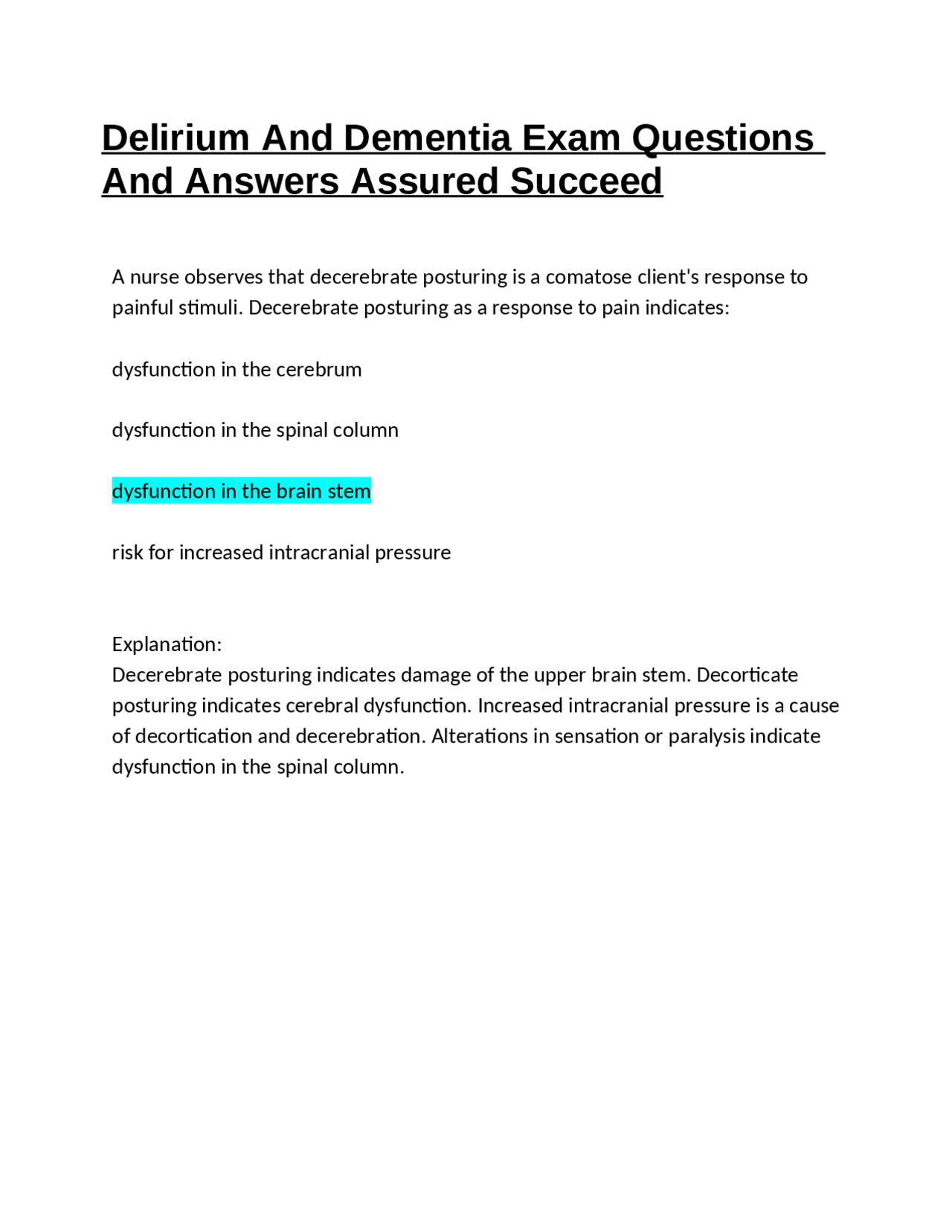 Delirium And Dementia Exam Questions And Answers Assured Succeed ...