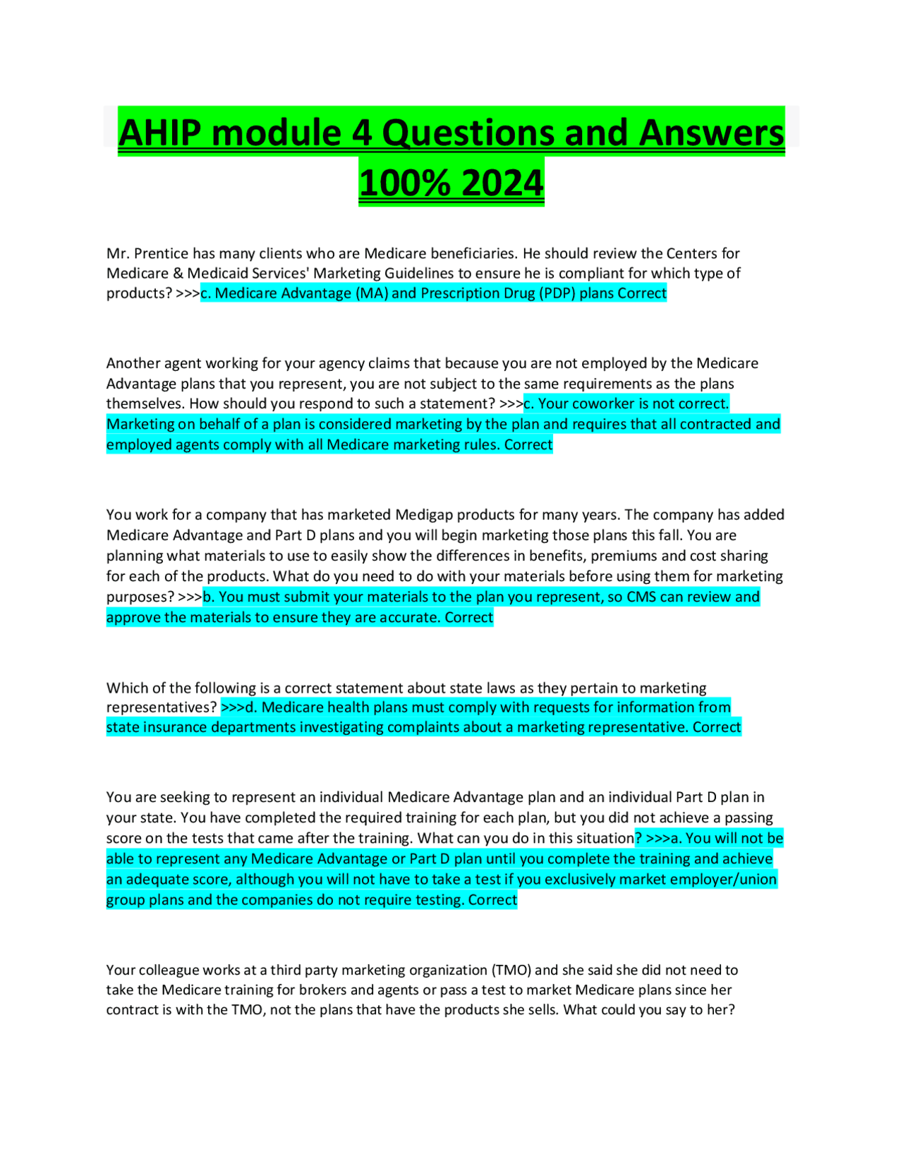 AHIP module 4 Questions and Answers 100% 2024 | Exams Nursing | Docsity