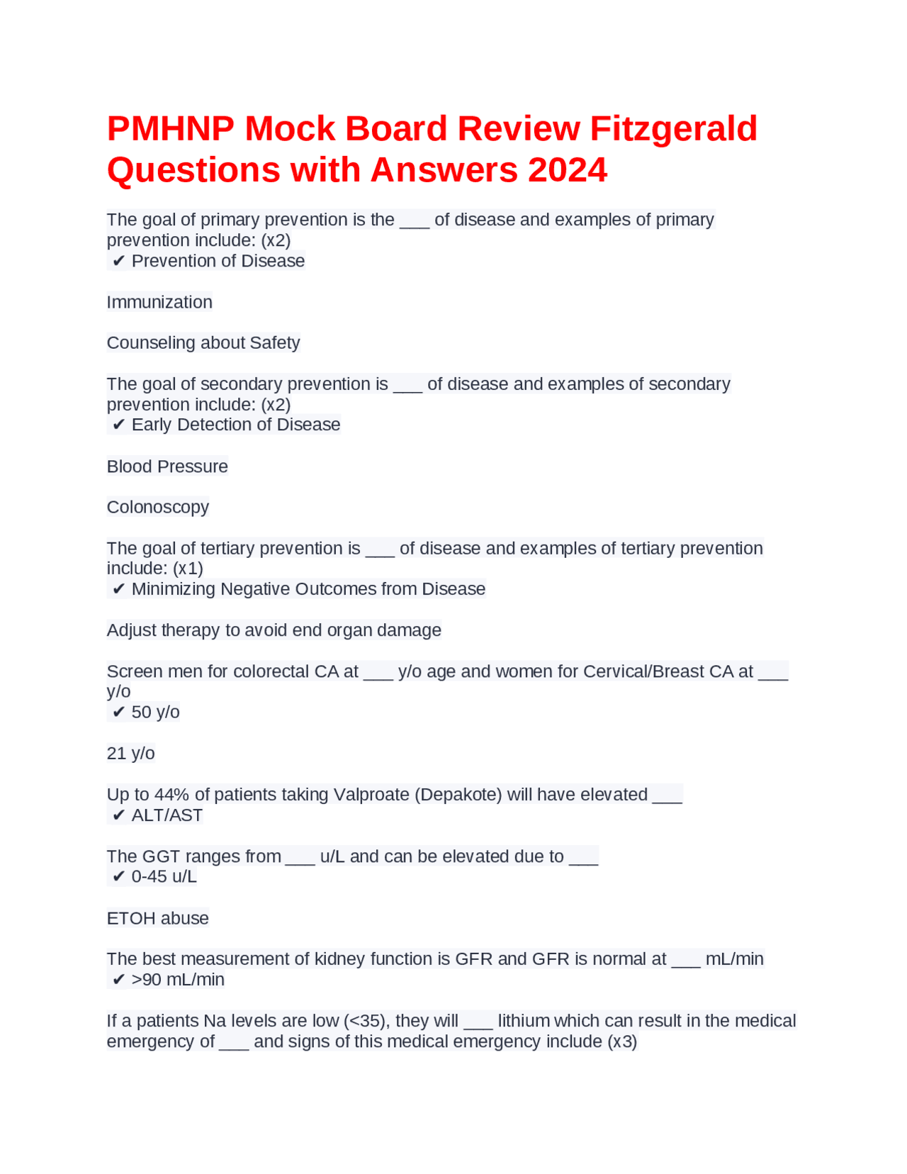 PMHNP Mock Board Review Fitzgerald Questions with Answers 2024 | Exams Nursing | Docsity