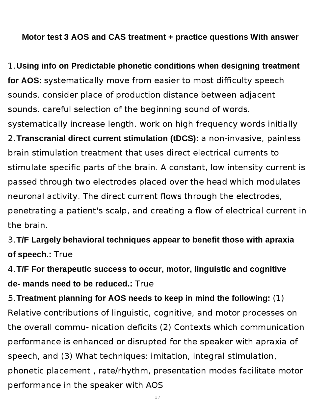 Motor Test 3: AOS and CAS Treatment and Practice Questions | Quizzes ...