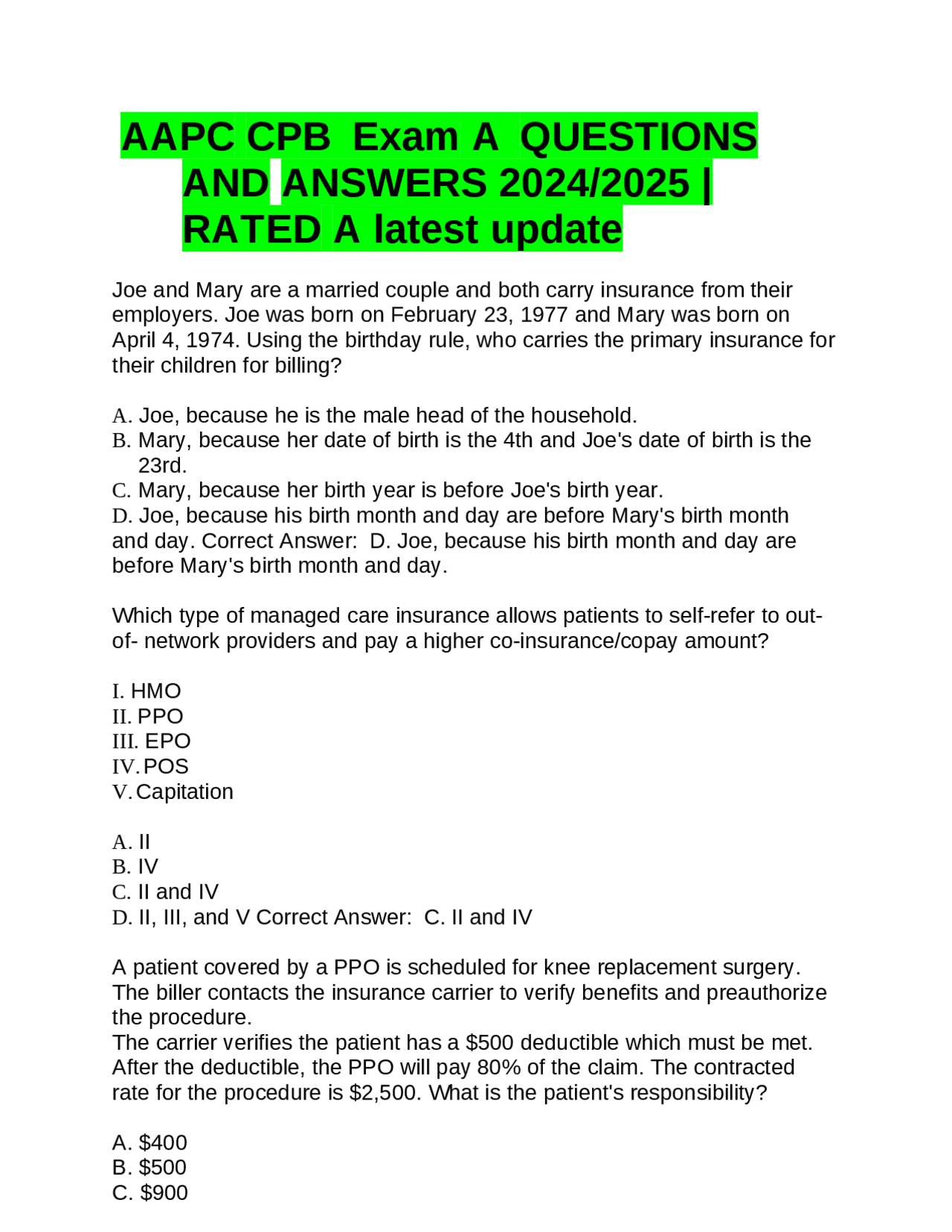 AAPC CPB Exam A QUESTIONS AND ANSWERS 2024/2025 | RATED A latest update ...