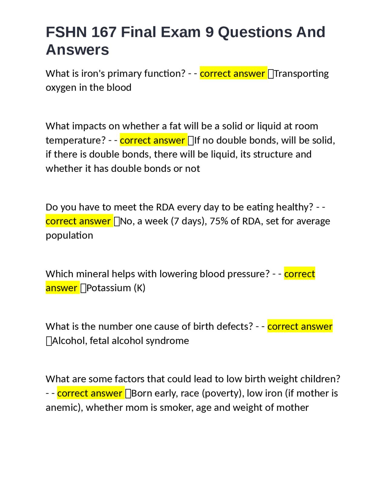 FSHN 167 Final Exam: Nutrition and Health | Exams Nutrition | Docsity
