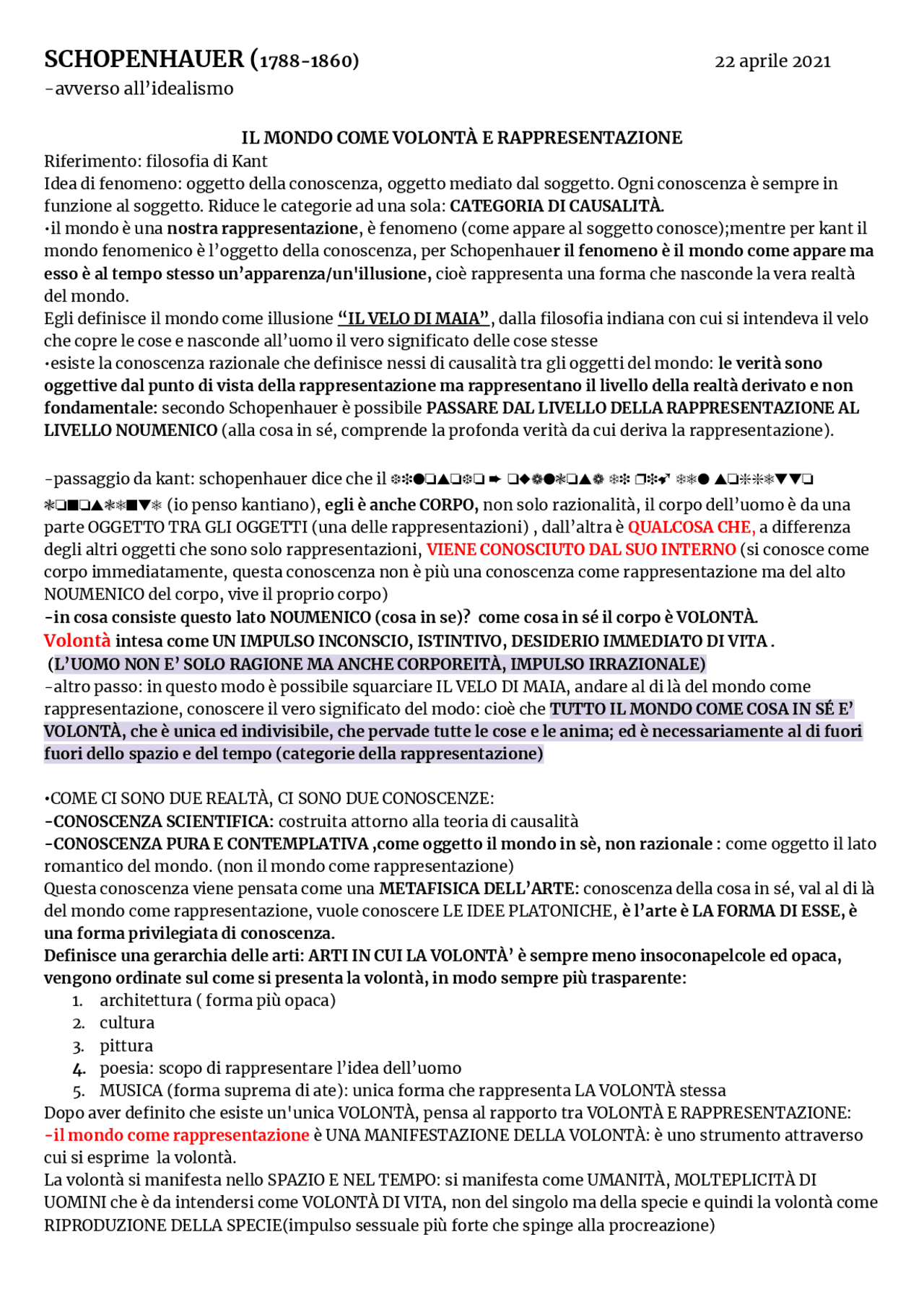 Il mondo come volontà e rappresentazione: la filosofia di Schopenhauer | Schemi e mappe ...