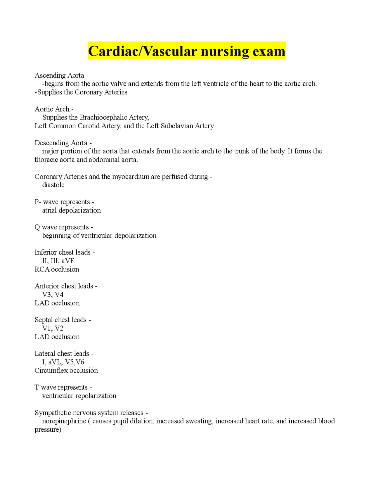 Cardiac-Vascular nursing exam | Exams Nursing | Docsity