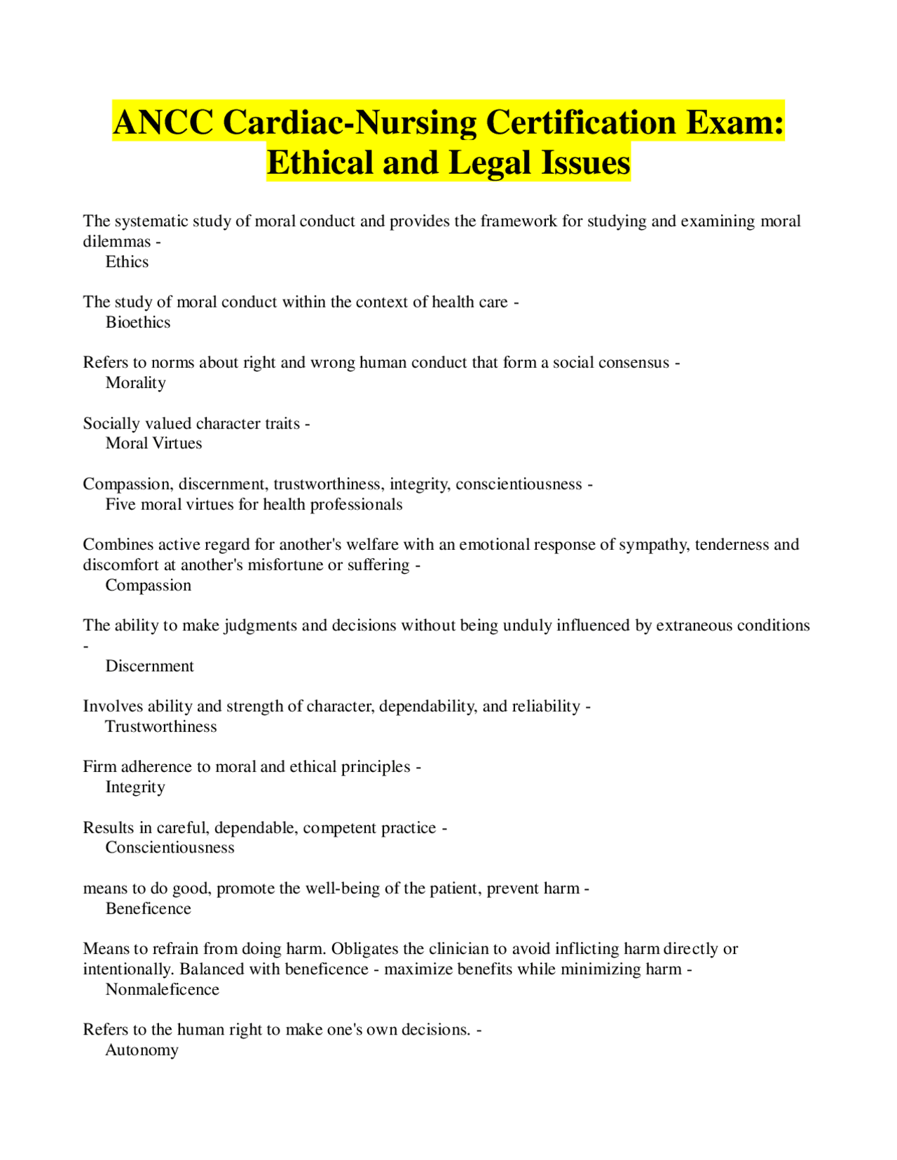 ANCC Cardiac-Nursing Certification Exam: Ethical and Legal Issues ...