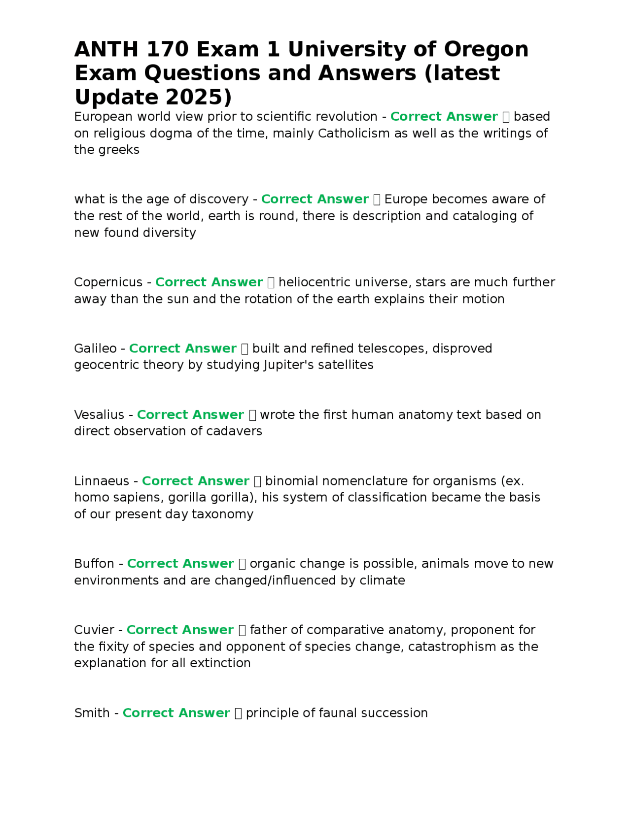 ANTH 170 Exam 1 University of Oregon Exam Questions and Answers (latest ...