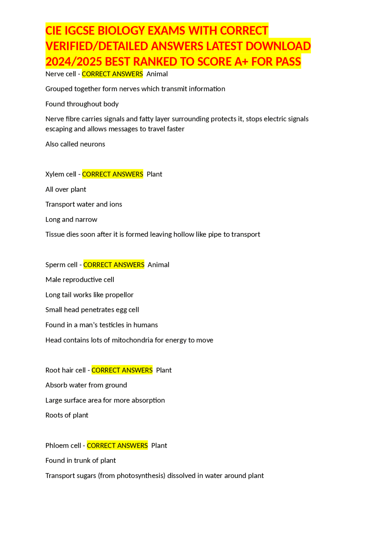 CIE IGCSE Biology Exam Answers and Preparation | Exams Biology | Docsity