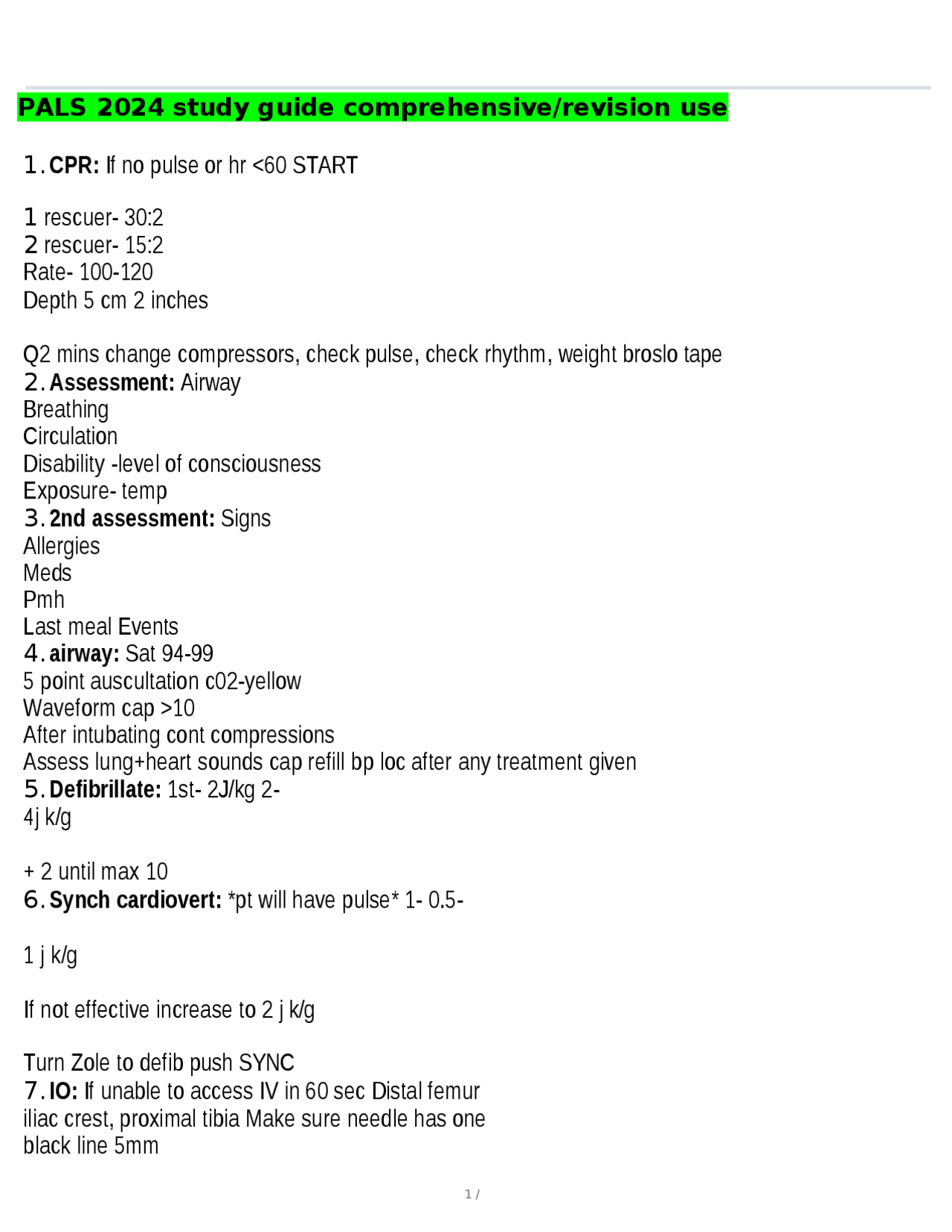 PALS 2024 study guide comprehensive/revision use | Study Guides ...
