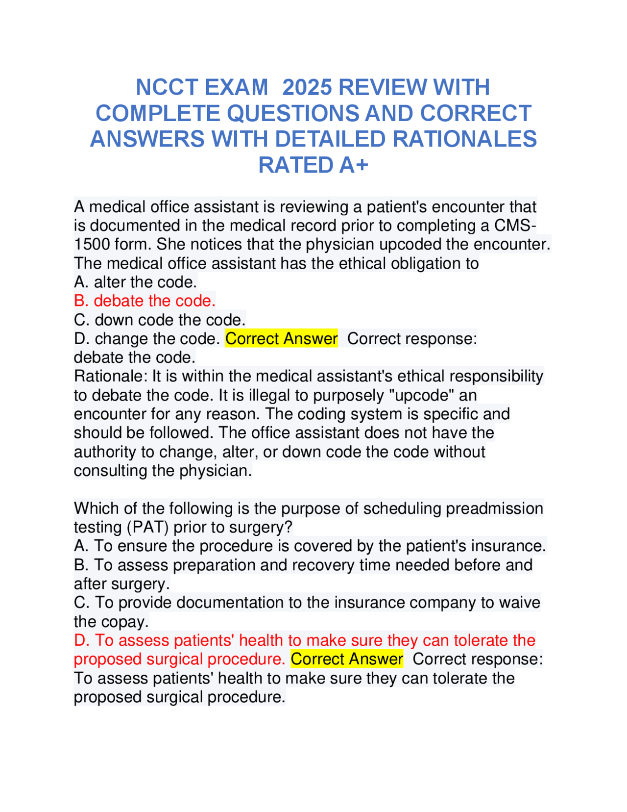 Medical Assistant Exam Preparation | Exams Nursing | Docsity