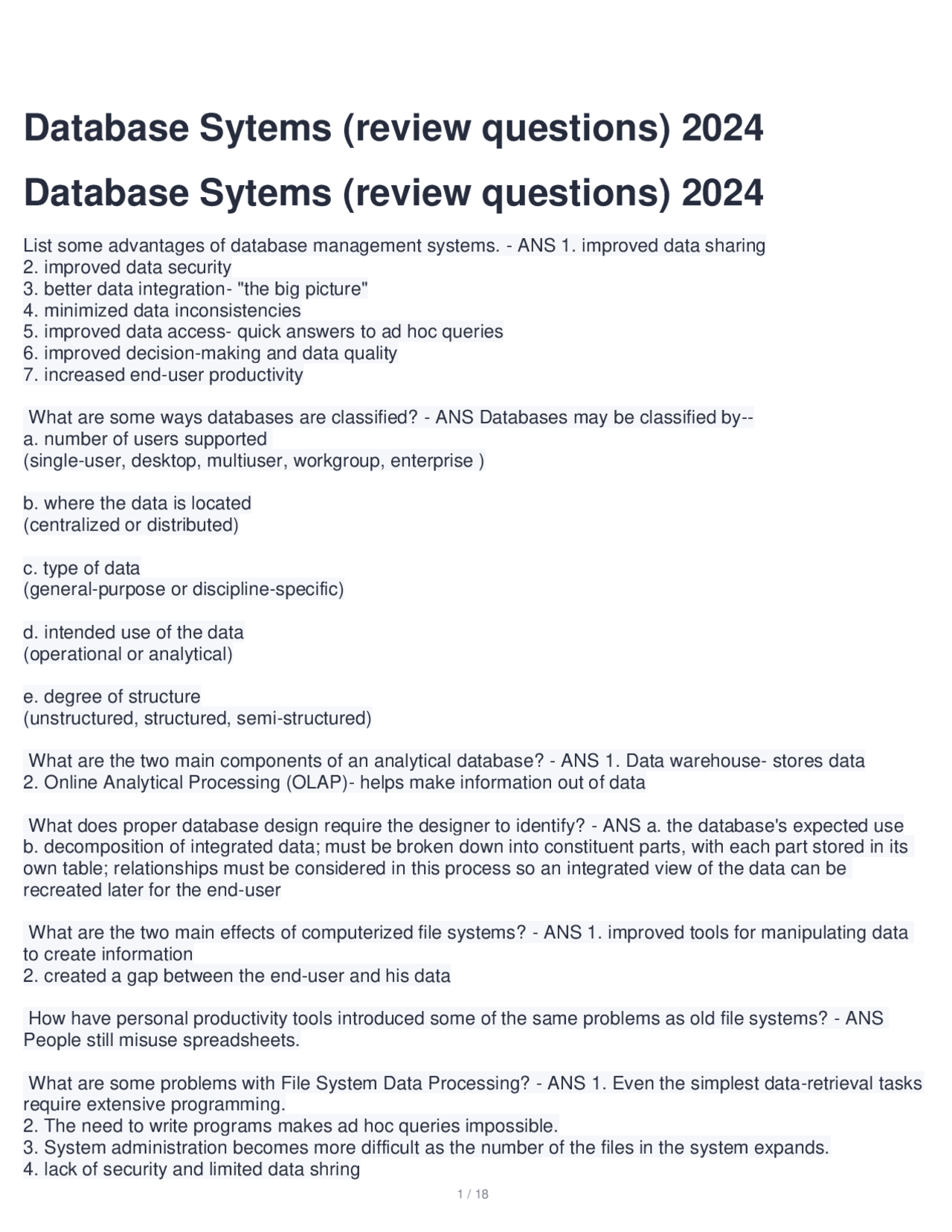 Database Sytems (review questions) 2024 | Exams Information Technology | Docsity