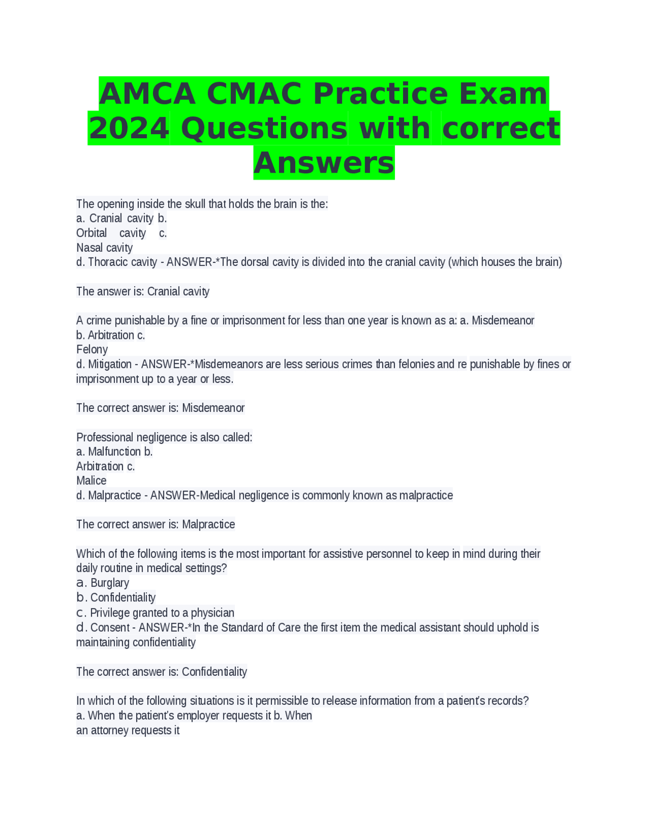 AMCA CMAC Practice Exam 2024 Questions with correct Answers | Exams ...