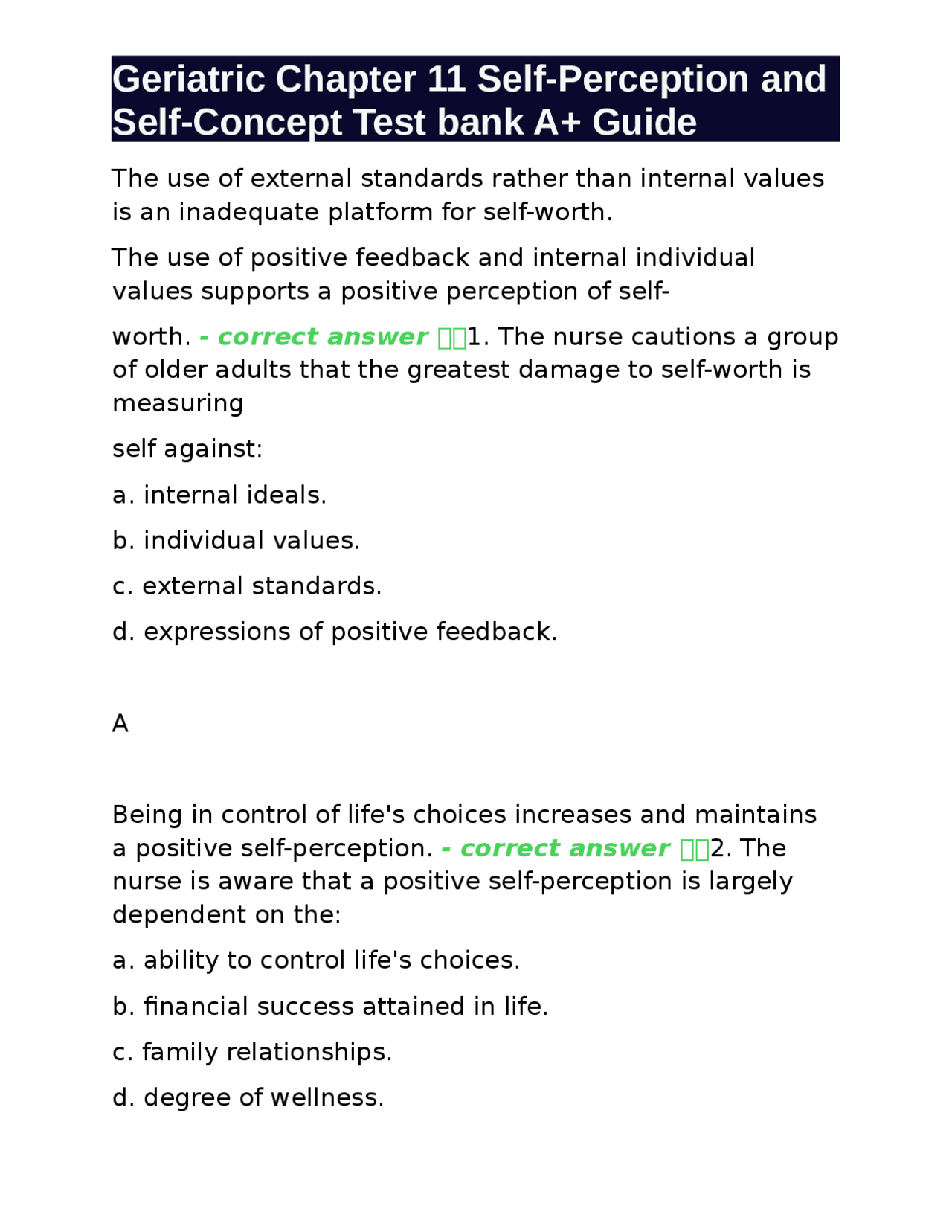 Geriatric Chapter 11 Self-Perception and Self-Concept Test bank A+ ...