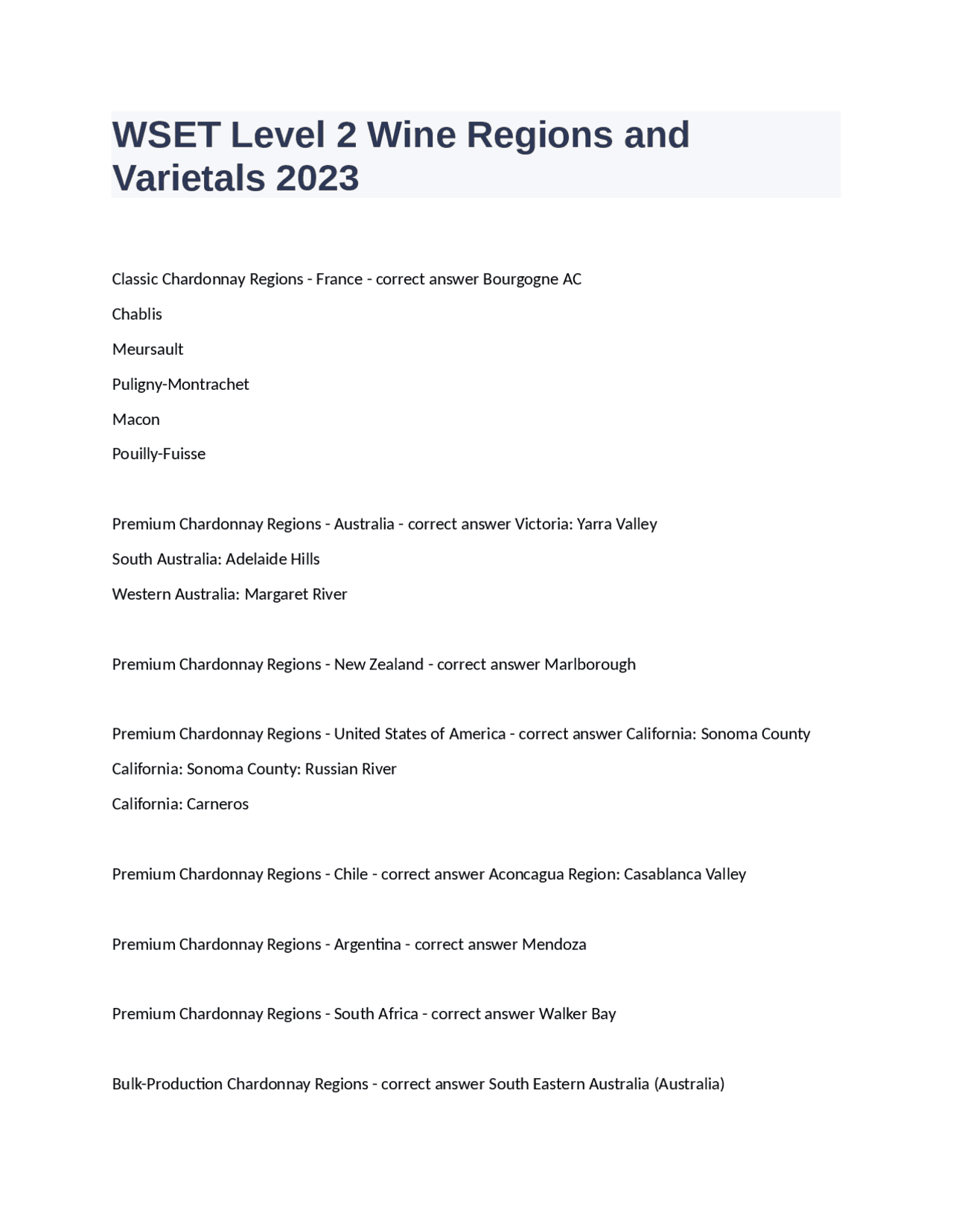 WSET Level 2 Wine Regions and Varietals 2023 | Exams Nursing | Docsity