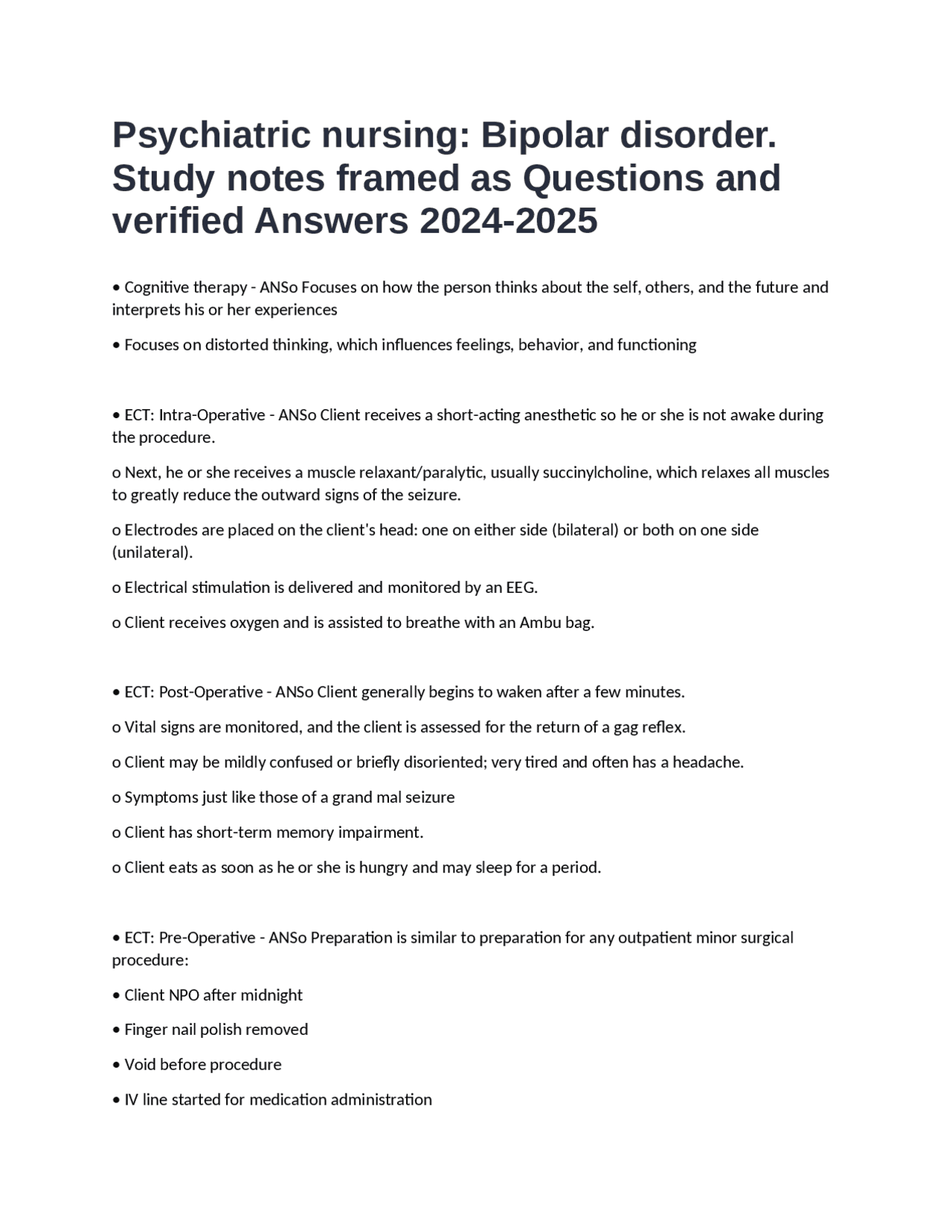 Psychiatric nursing: Bipolar disorder. Study notes framed as Questions ...