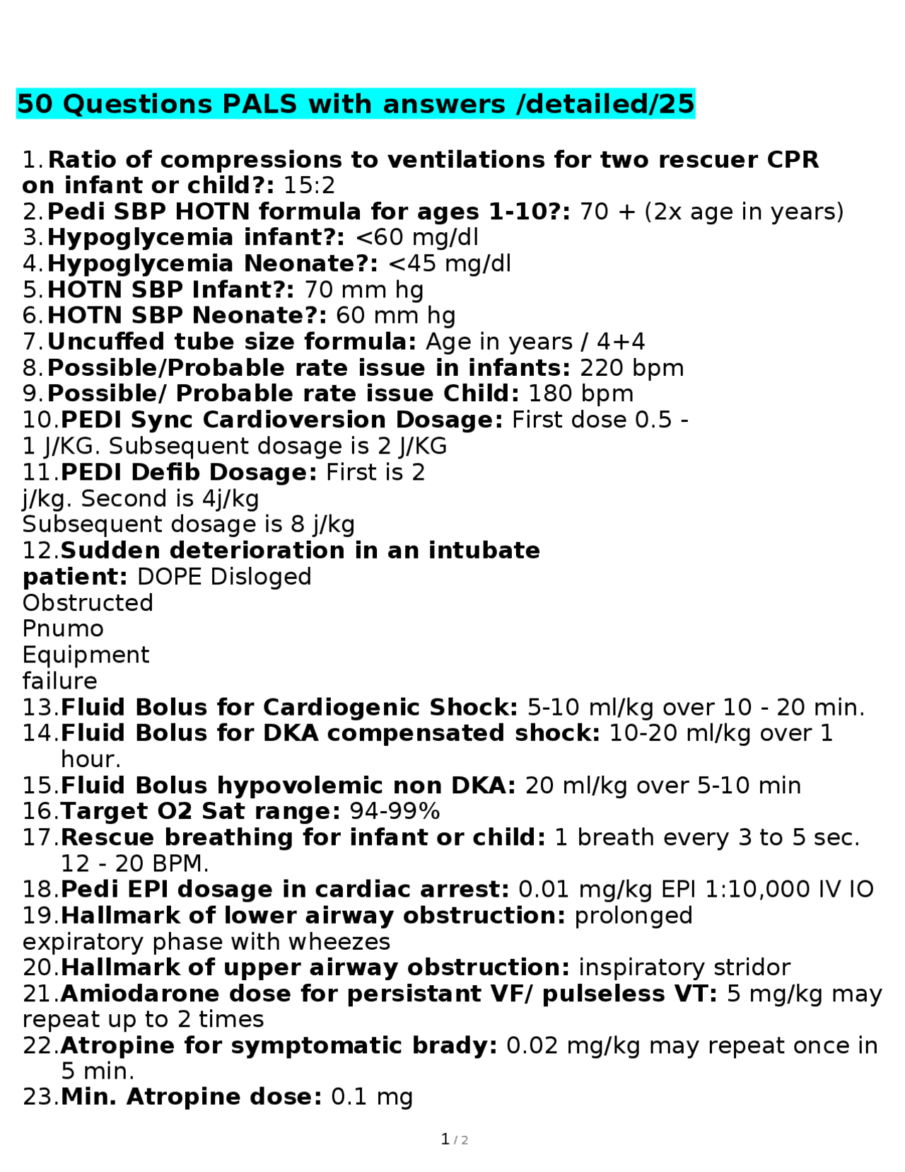 PALS (Pediatric Advanced Life Support) Quick Reference Guide | Quizzes ...