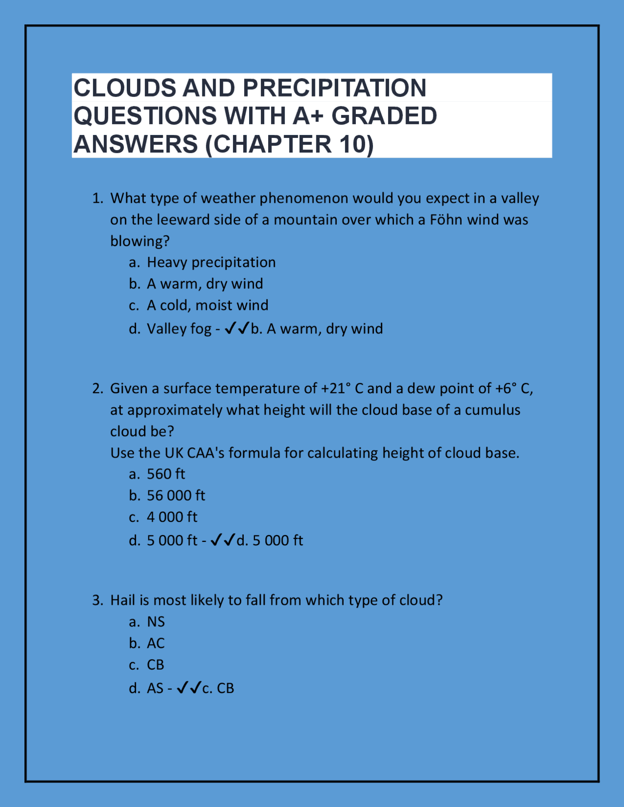 CLOUDS AND PRECIPITATION QUESTIONS WITH A+ GRADED ANSWERS (CHAPTER 10 ...