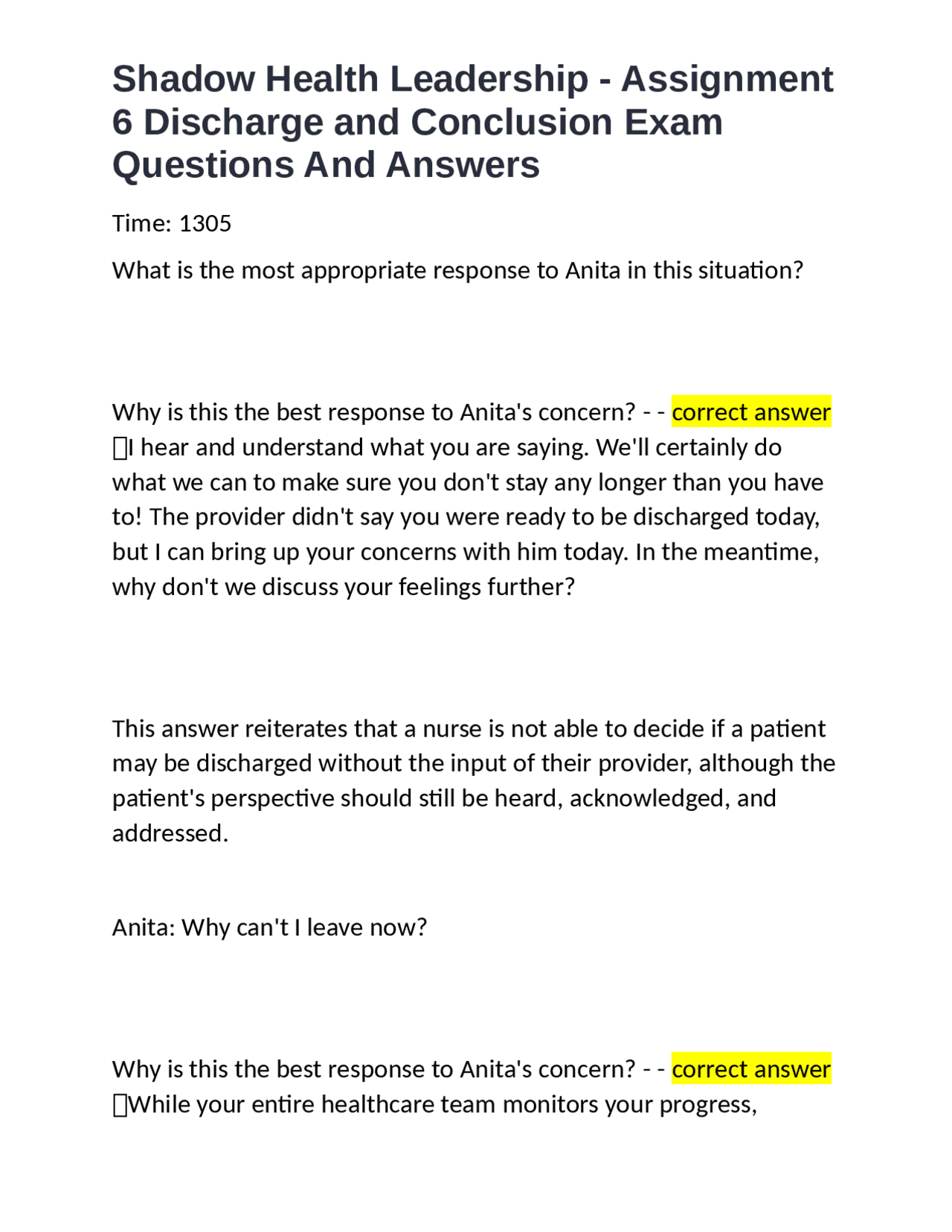 Shadow Health Leadership - Assignment 6 Discharge and Conclusion Exam Questions And Answer ...