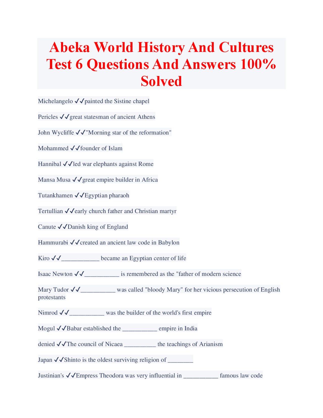 Abeka World History And Cultures Test 6 Questions And Answers 100% ...