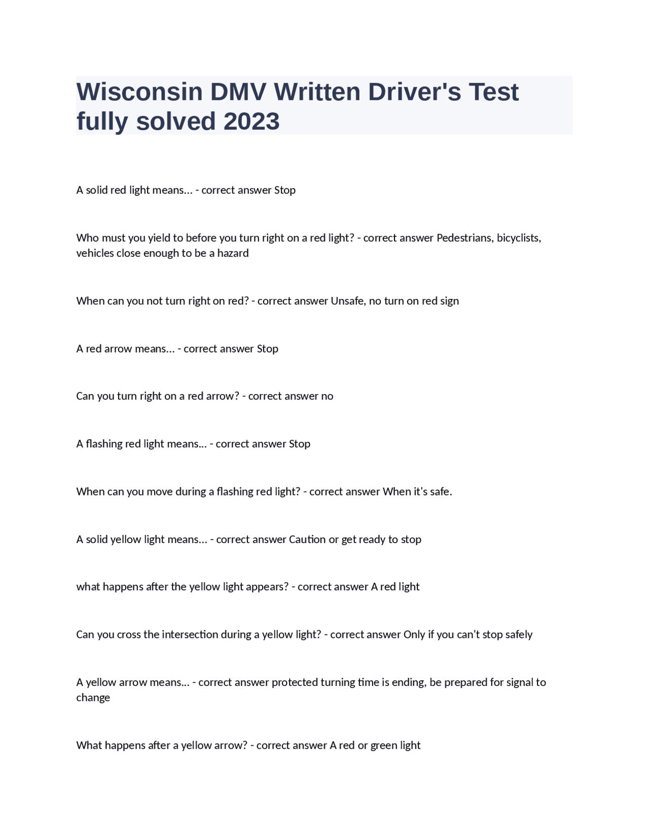 Wisconsin DMV Written Driver's Test 2023 | Exams Nursing | Docsity