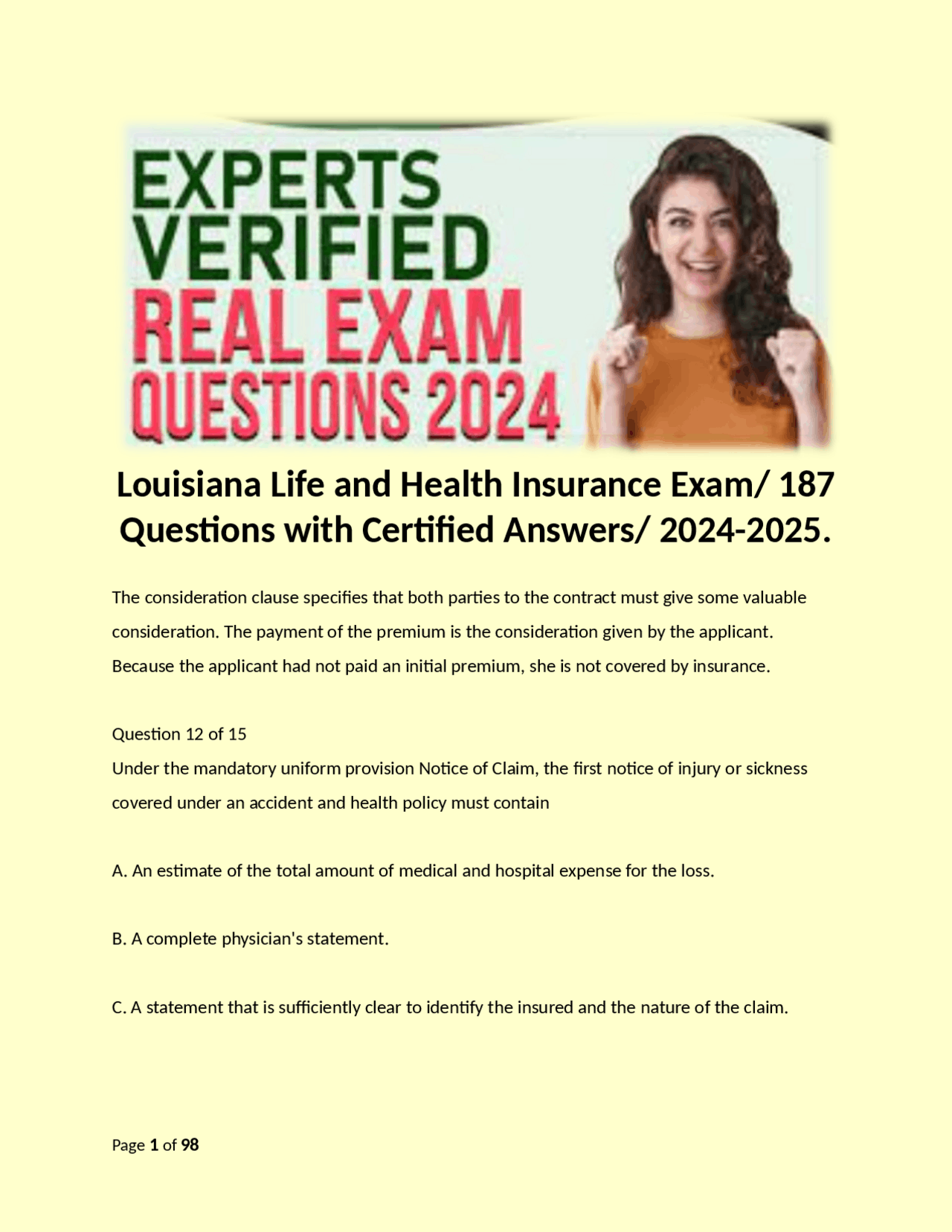Louisiana Life and Health Insurance Exam/ 187 Questions with Certified ...