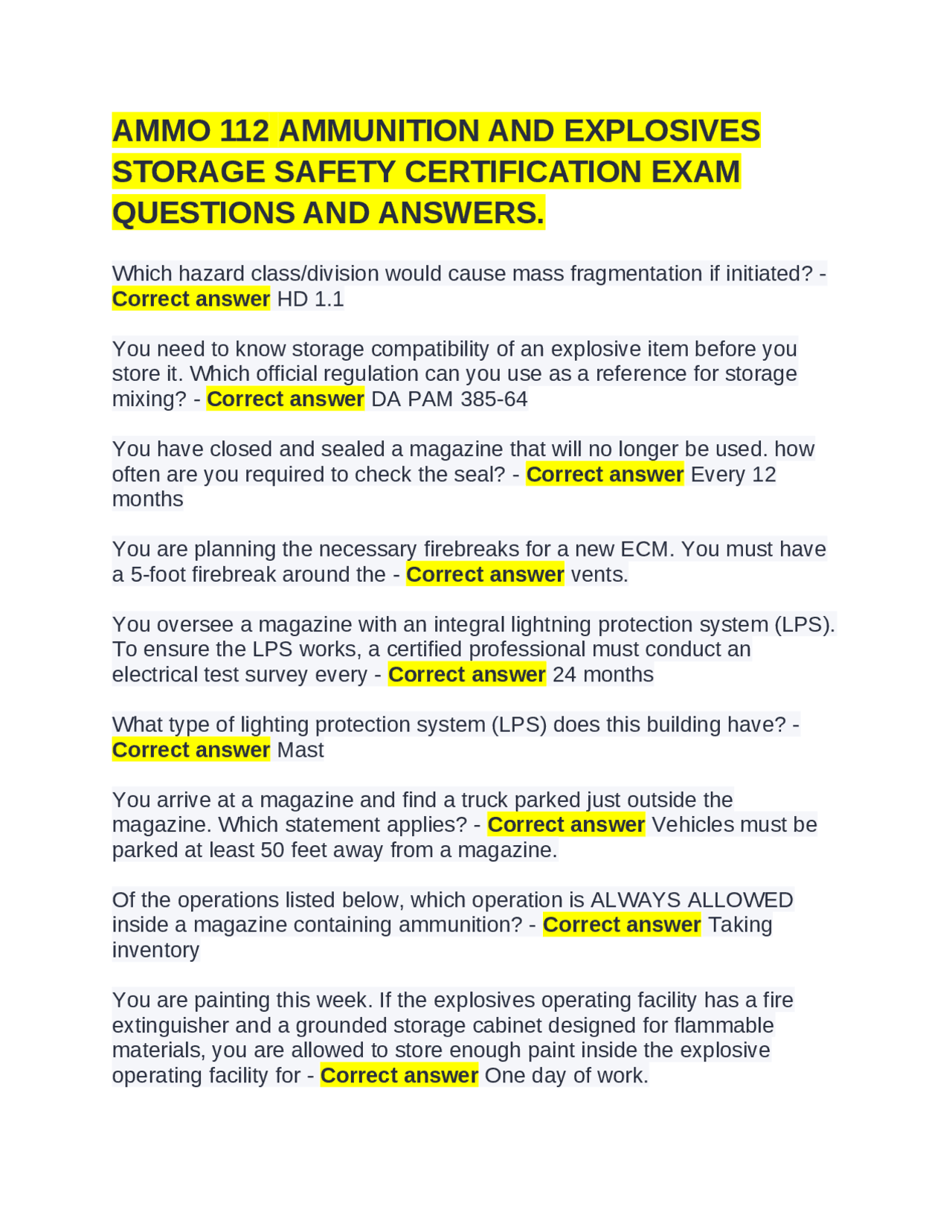 AMMO 112 AMMUNITION AND EXPLOSIVES STORAGE SAFETY CERTIFICATION EXAM ...