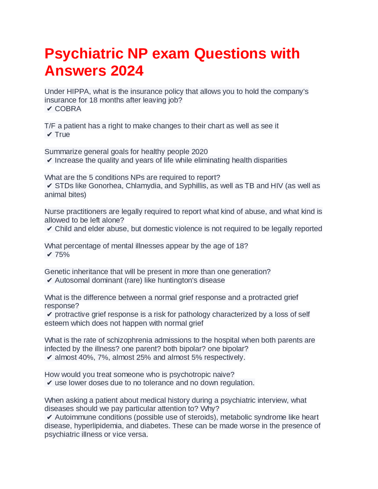 Psychiatric NP Exam Questions and Answers 2024 | Exams Nursing | Docsity