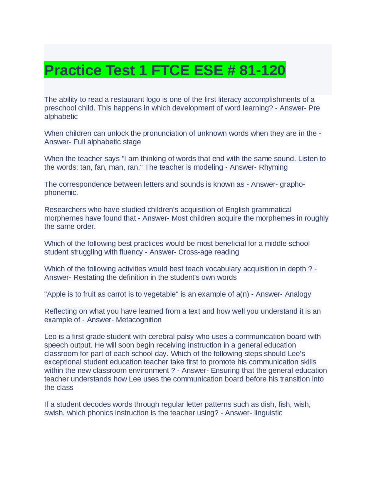 FTCE ESE Practice Test 1 (Questions 81-120) | Exams Nursing | Docsity