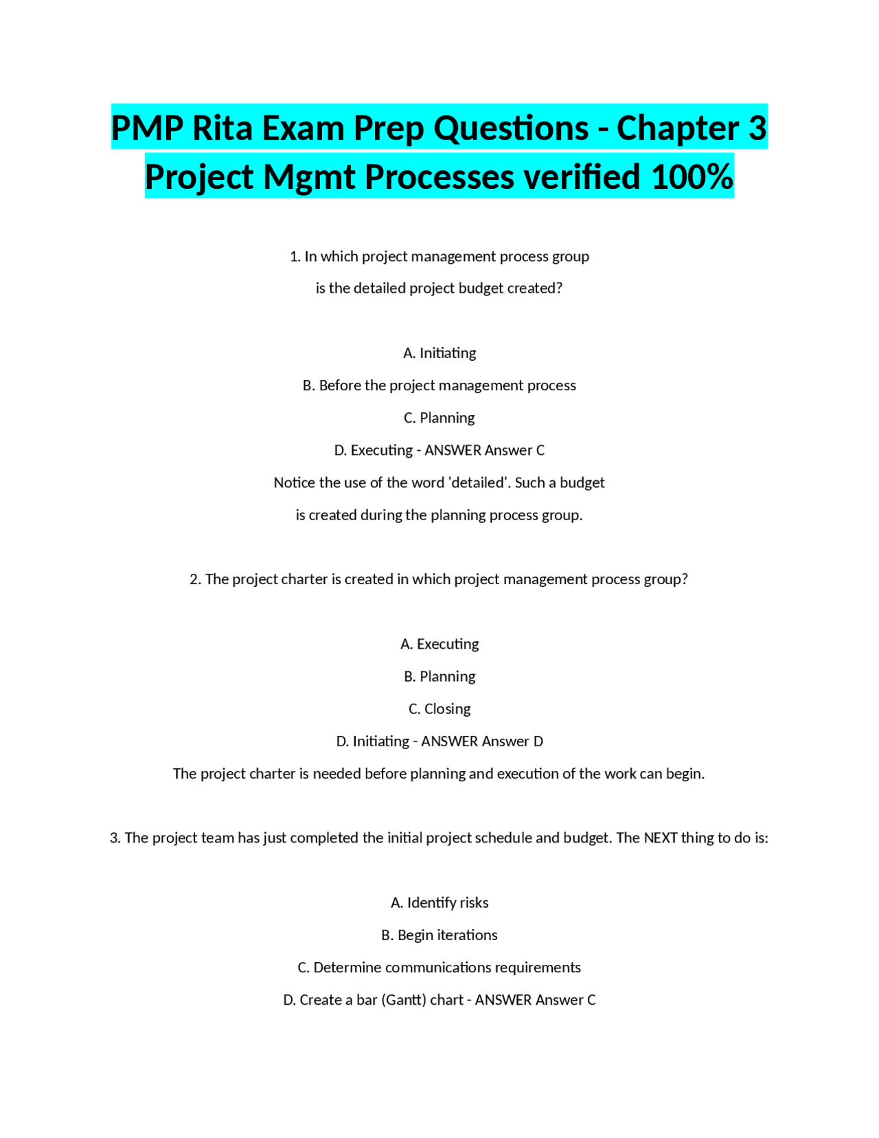 PMP Rita Exam Prep Questions - Chapter 3 Project Mgmt Processes verified 100% | Exams Project ...