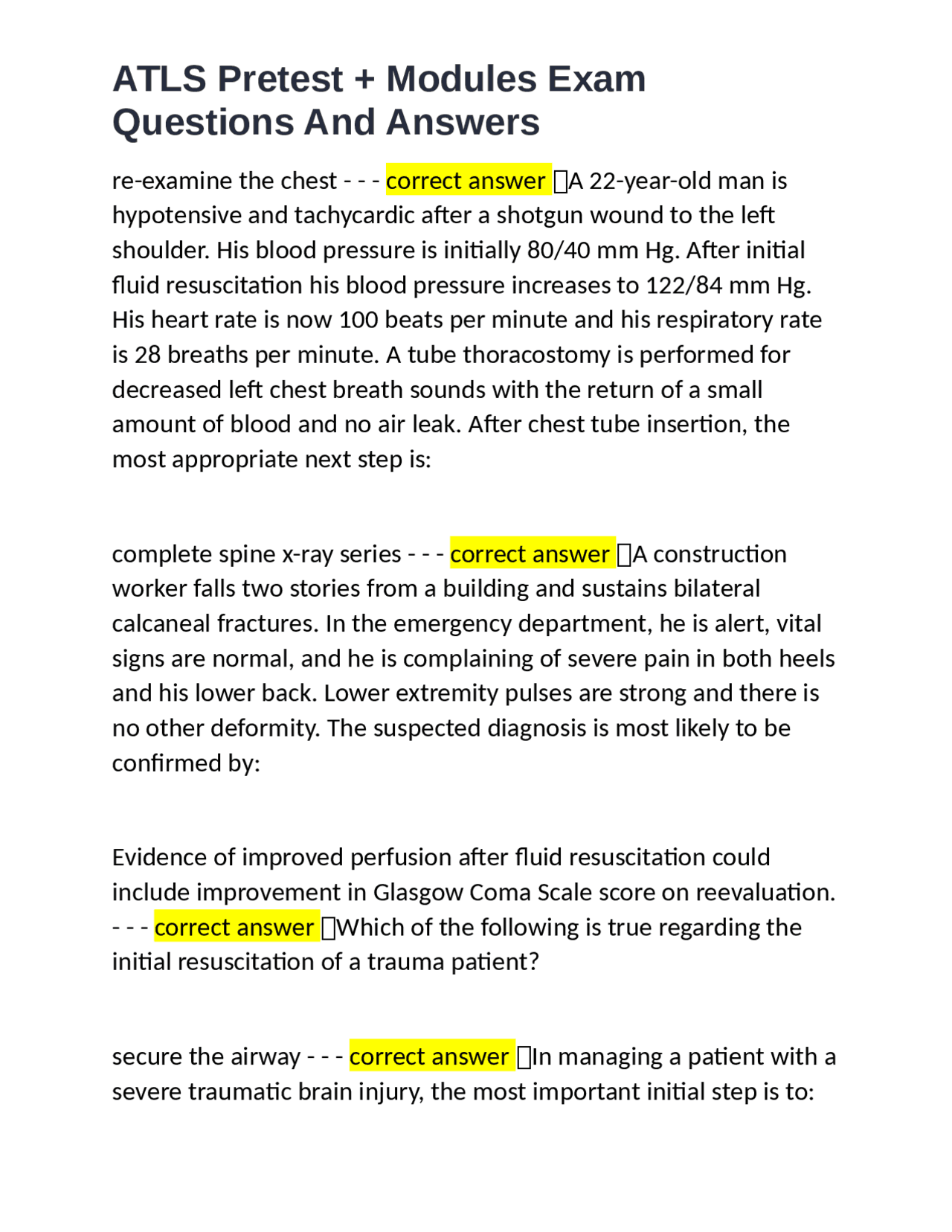 ATLS Pretest + Modules Exam Questions And Answers | Exams Medicine ...