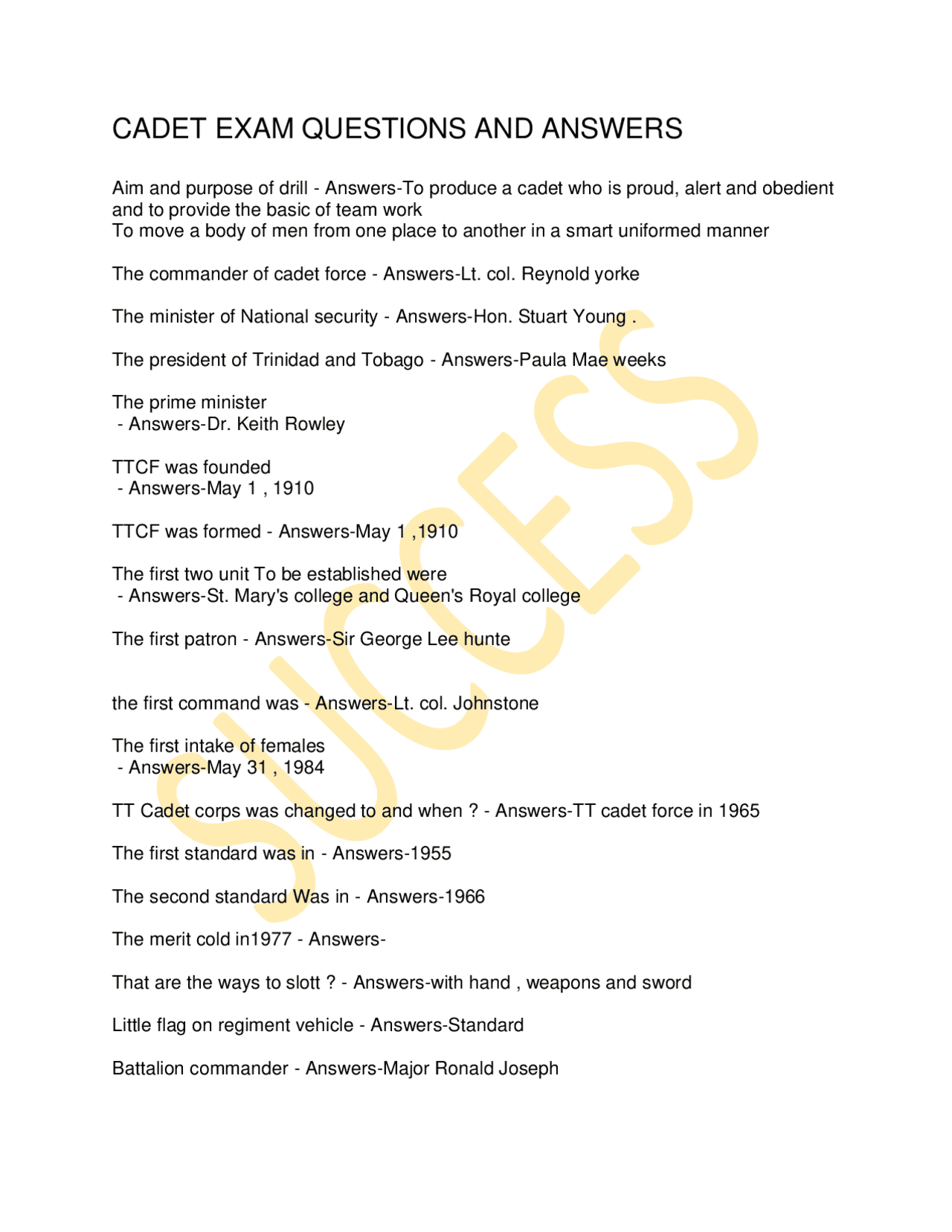 Cadet Exam Questions and Answers | Exams Social Sciences | Docsity