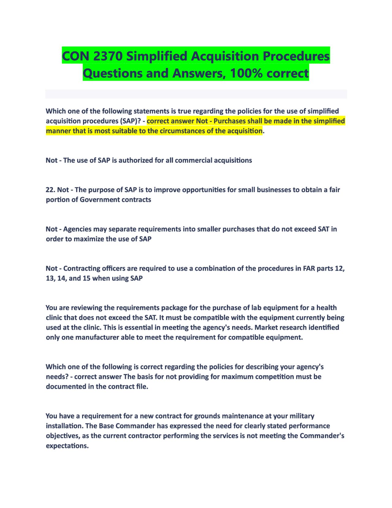 CON 2370 Simplified Acquisition Procedures Questions and Answers, 100 ...