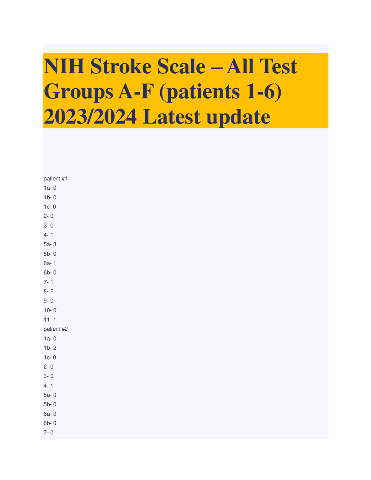NIH Stroke Scale – All Test Groups A-F (patients 1-6) 2023/2024 Latest ...