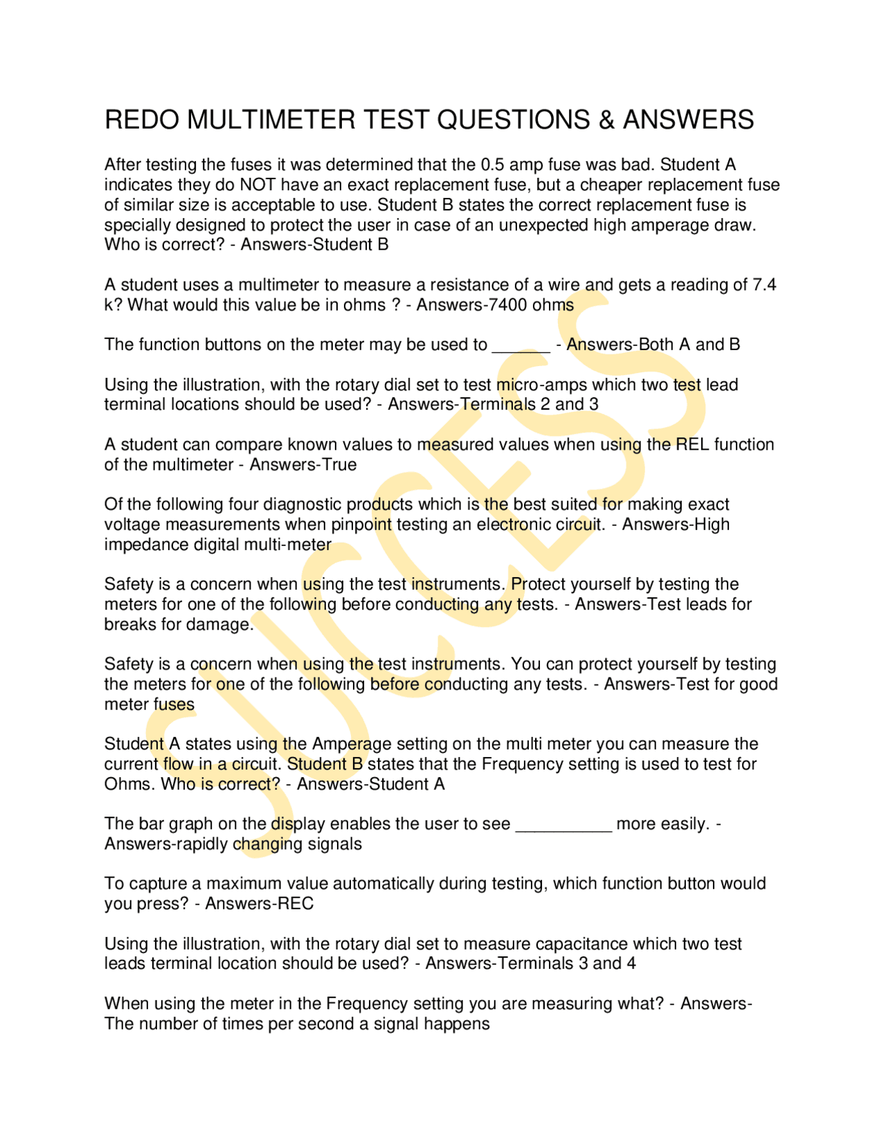 Multimeter Test Questions and Answers | Exams Social Sciences | Docsity