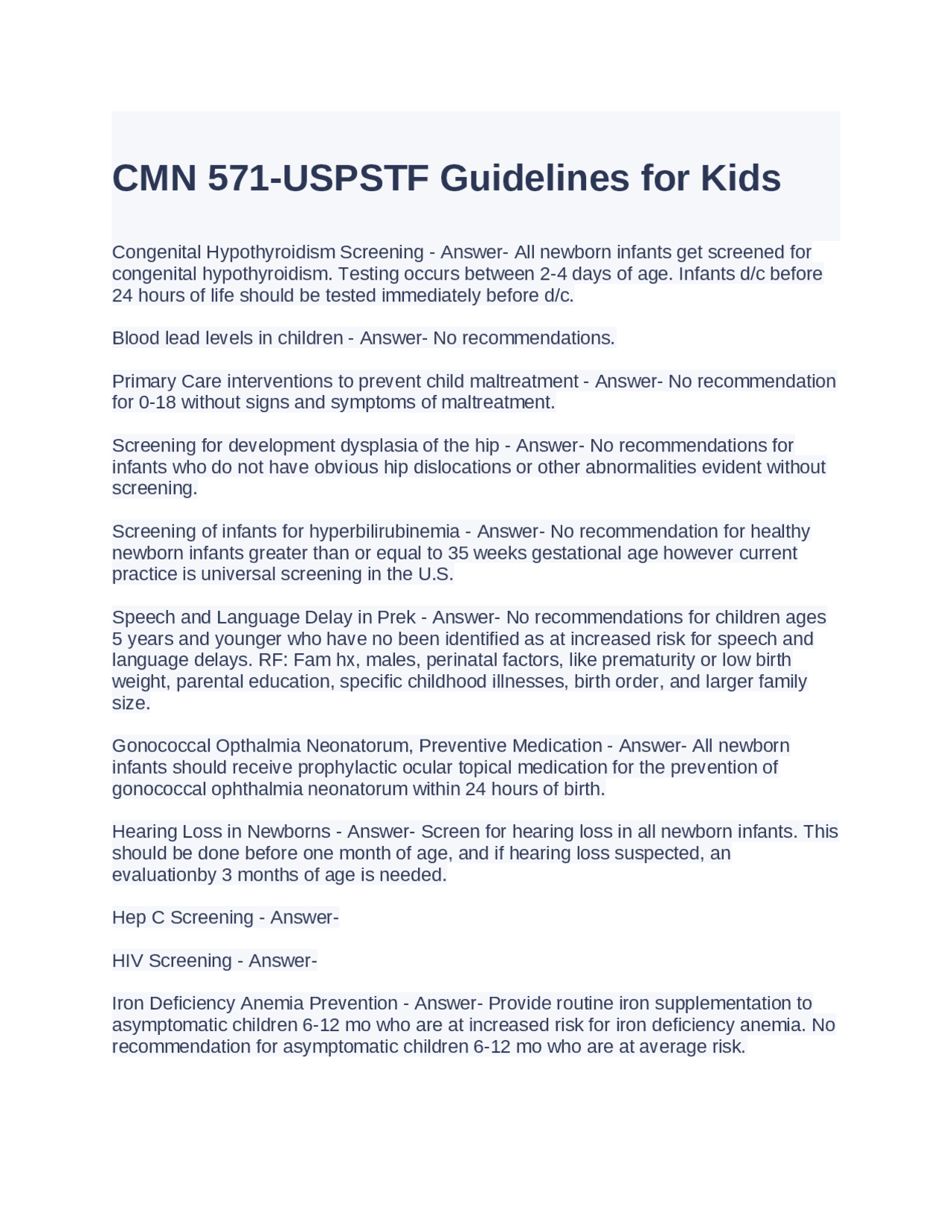 USPSTF Guidelines for Pediatric Preventive Care | Exams Nursing | Docsity